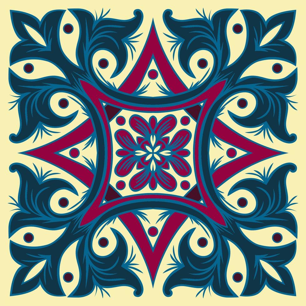 Hand drawing tile pattern in dark blue, purple and yellow colors ...