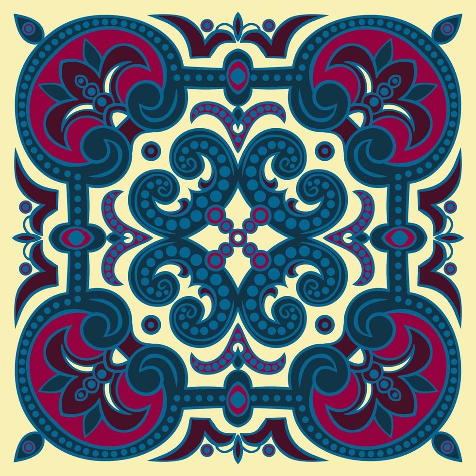 Hand drawing tile pattern in dark blue, purple and yellow colors ...