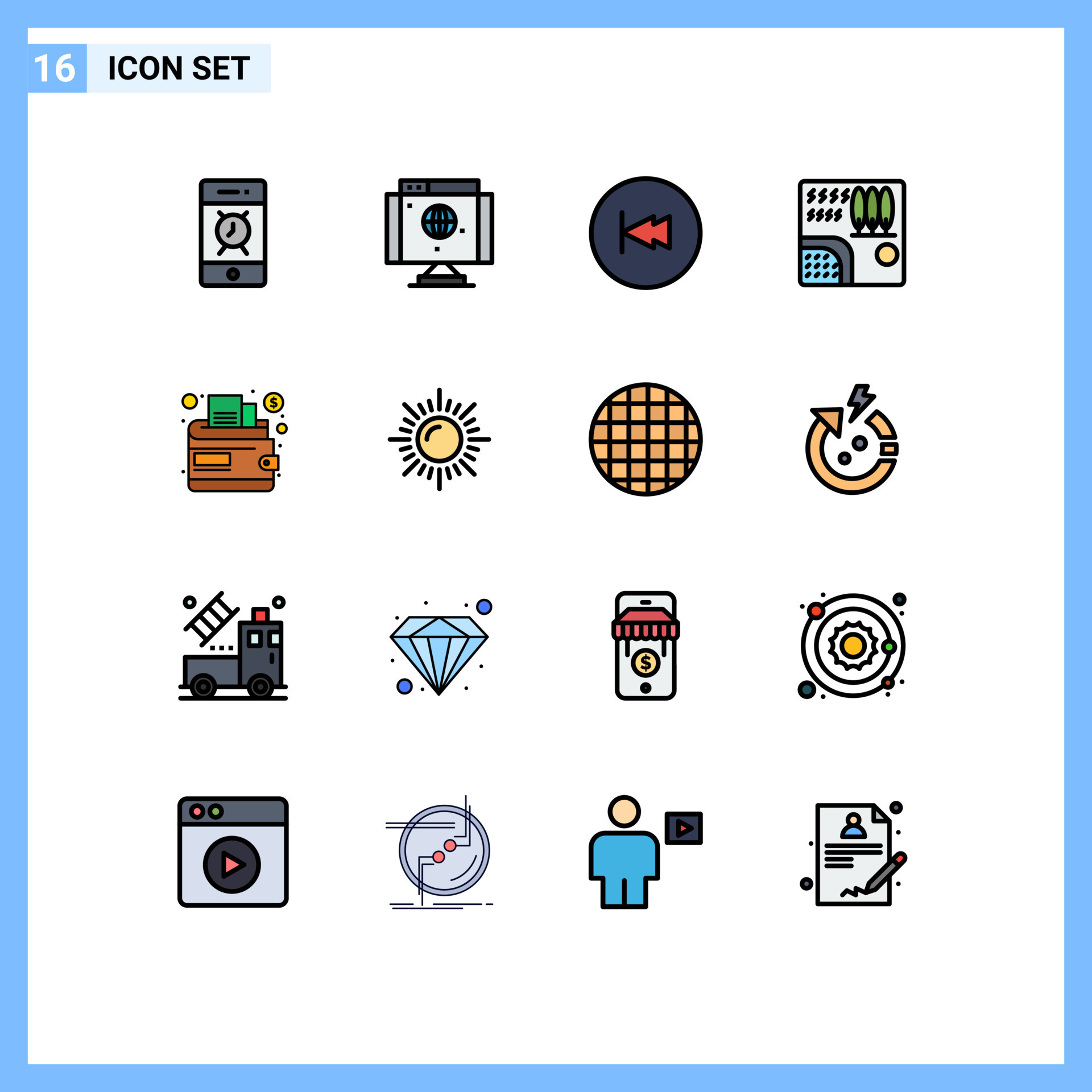 Set Of 16 Vector Flat Color Filled Lines On Grid For Travel Rain Arrow Tree Rewind Editable