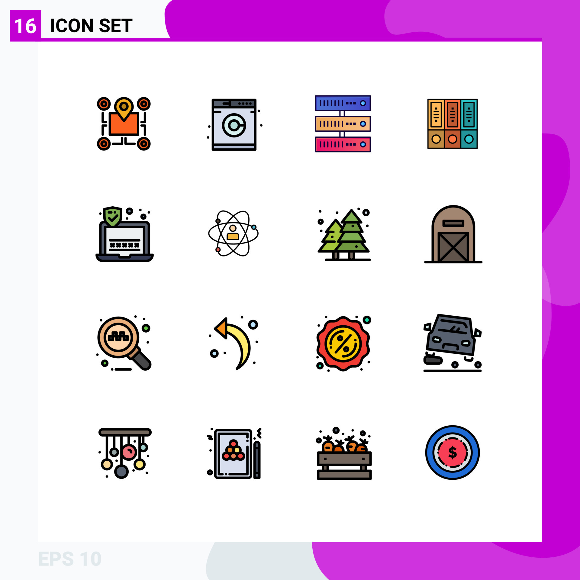 Set Of 16 Vector Flat Color Filled Lines On Grid For Folders Database