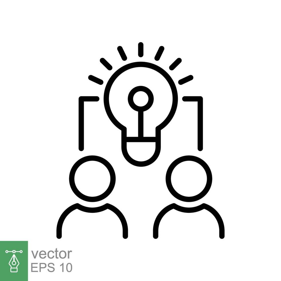 icono de lluvia de ideas. estilo de esquema simple. visión, personas con bombilla, equipo ...