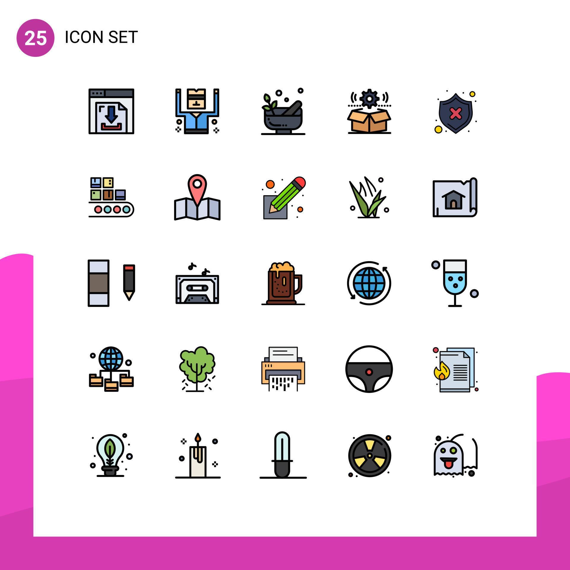 Modern Set of 25 Filled line Flat Colors and symbols such as failed gear grinding wheel box ...