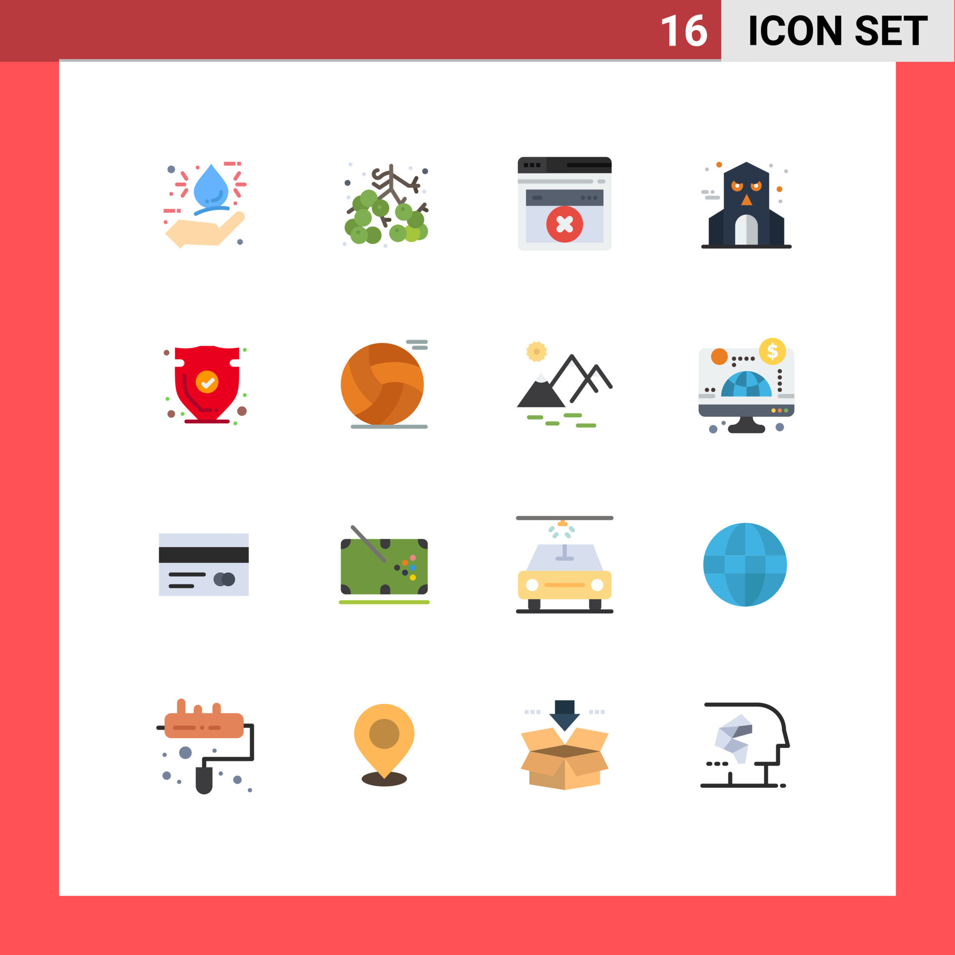 Mobile Interface Flat Color Set Of 16 Pictograms Of Trust Shield Web Page Security Haunted