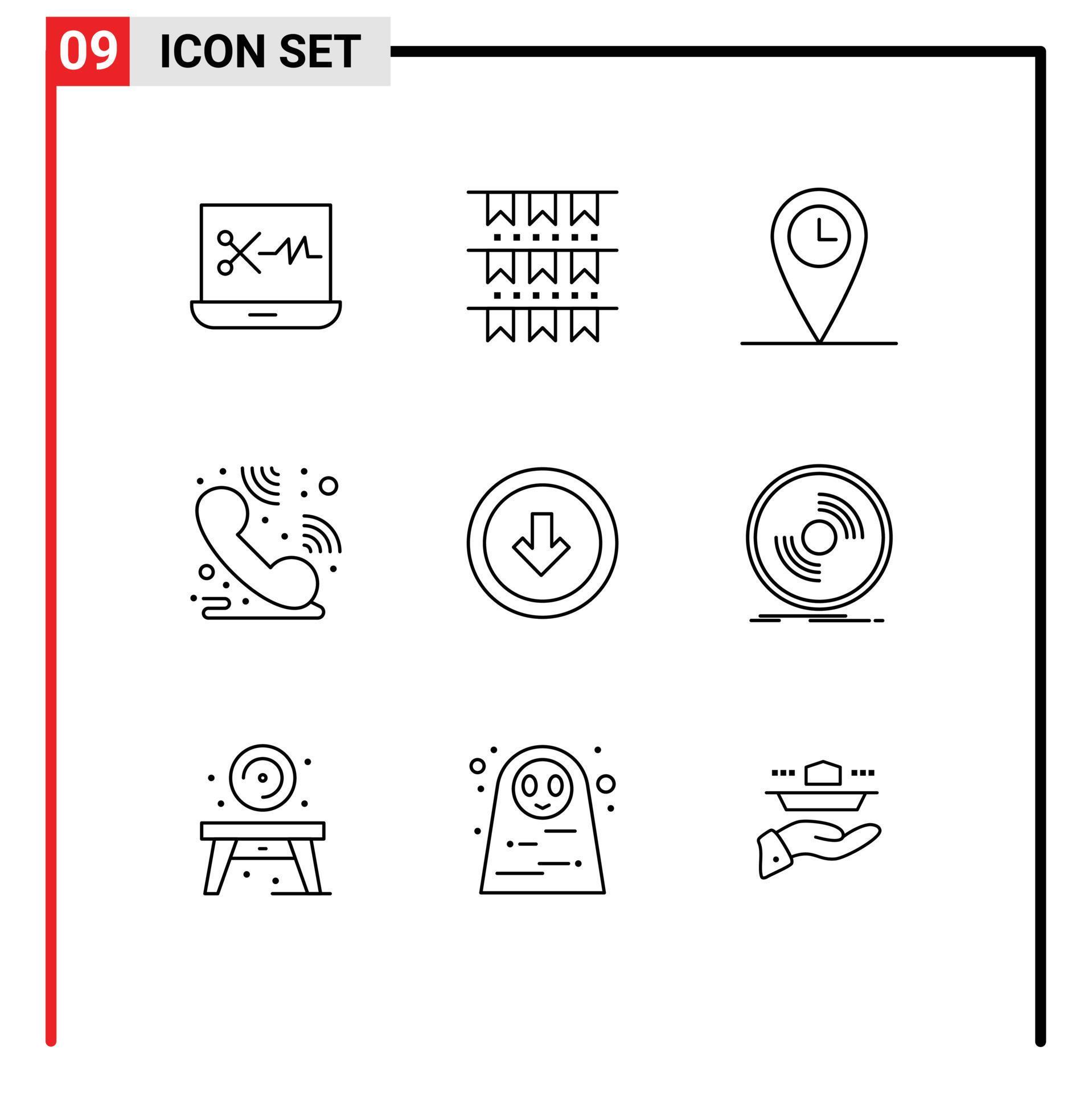 Mobile Interface Outline Set of 9 Pictograms of down user location button hotline Editable ...