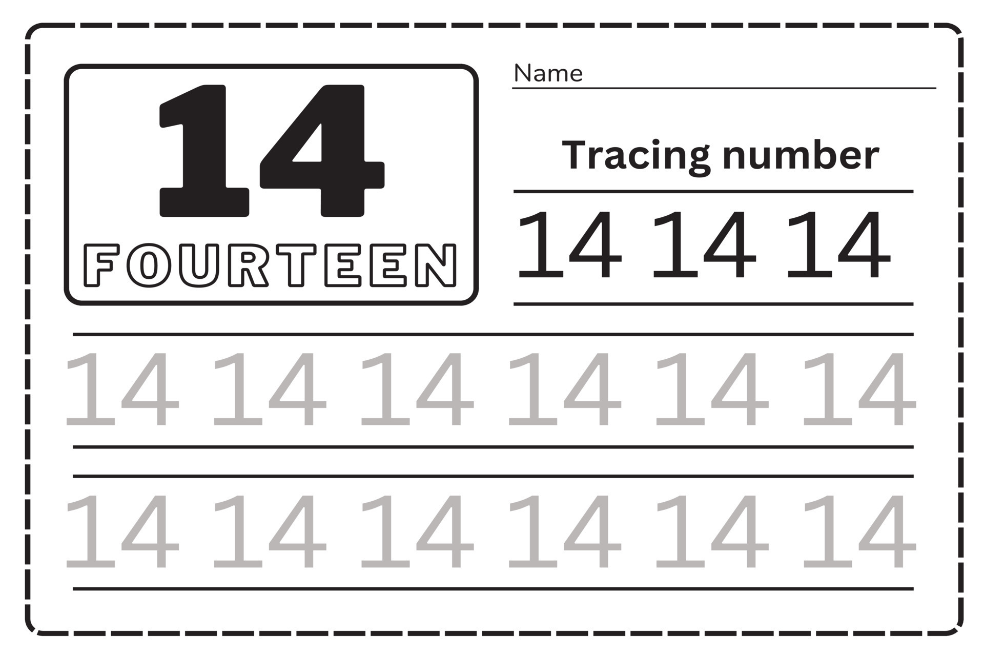 Number fourteen tracing practice worksheet for kids learning to count ...