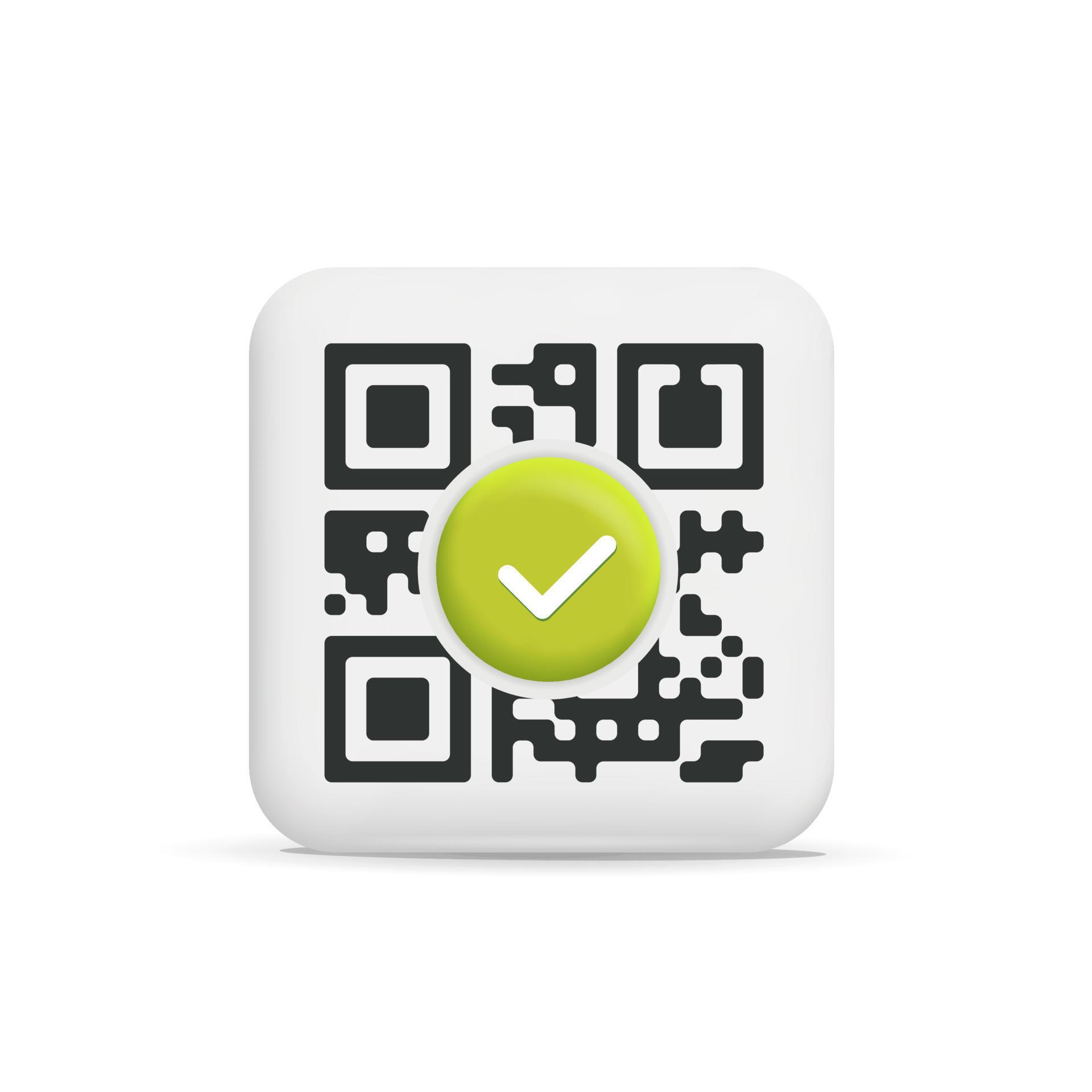 3d vector black square qr code with green check mark symbol ui element ...