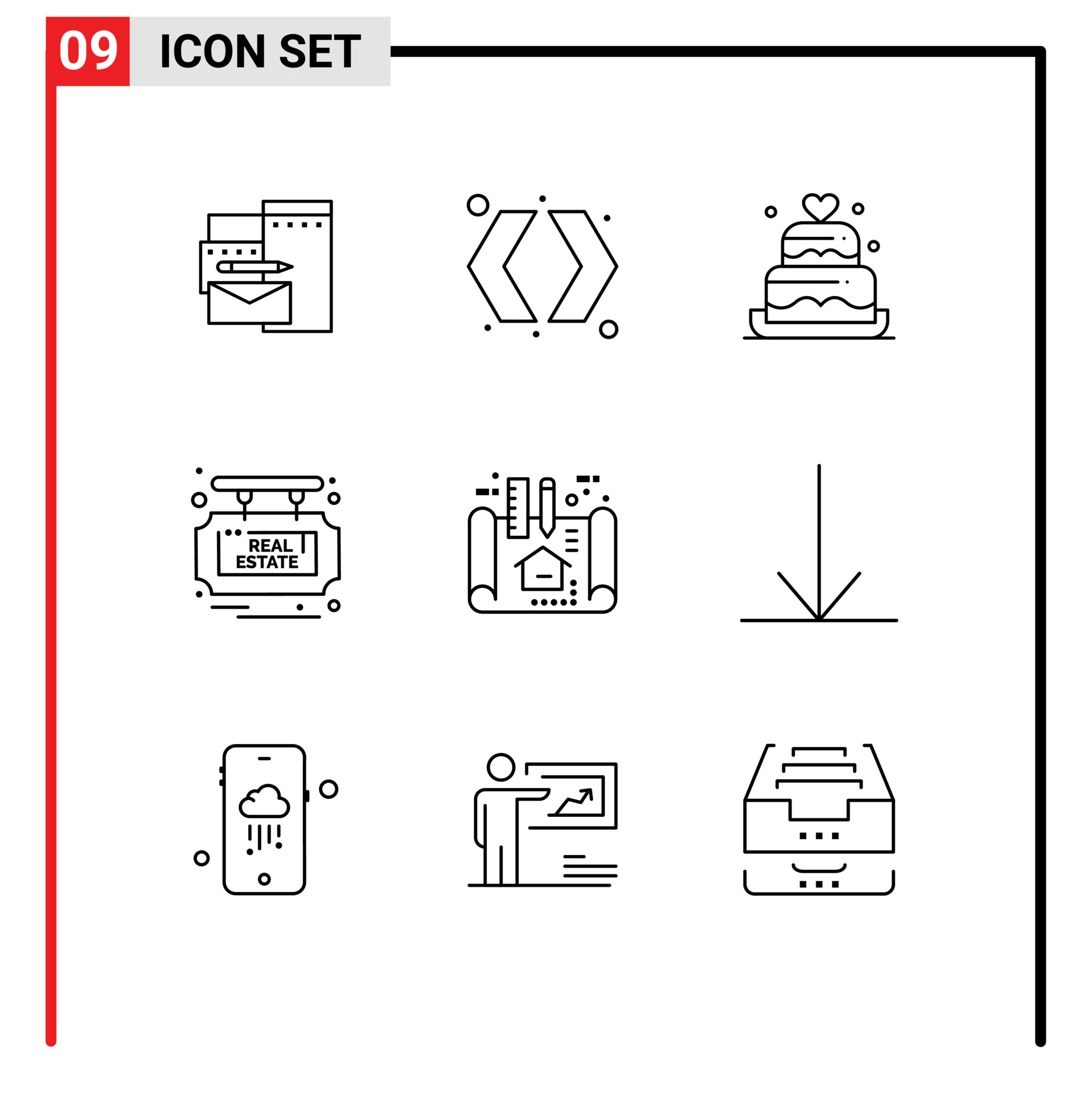 Editable Vector Line Pack Of 9 Simple Outlines Of Architecture Sale Cake Real Board Editable