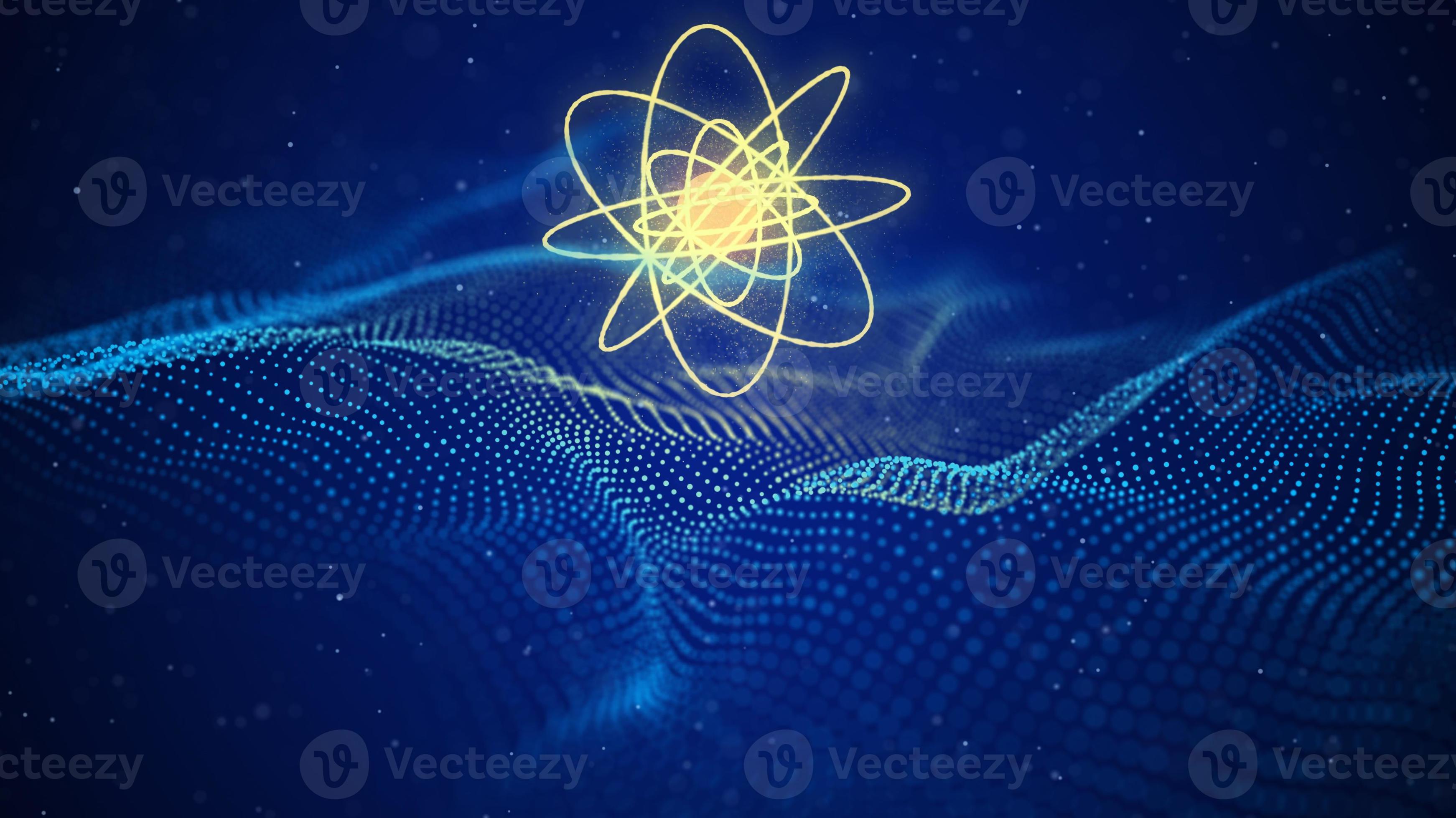 A glowing atom molecule above a wave of particles. Visualization of big data. Science and ...