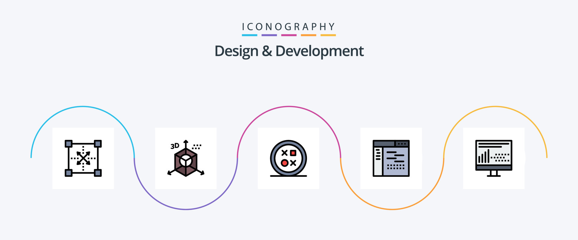 Design and Development Line Filled Flat 5 Icon Pack Including development. code. direction ...