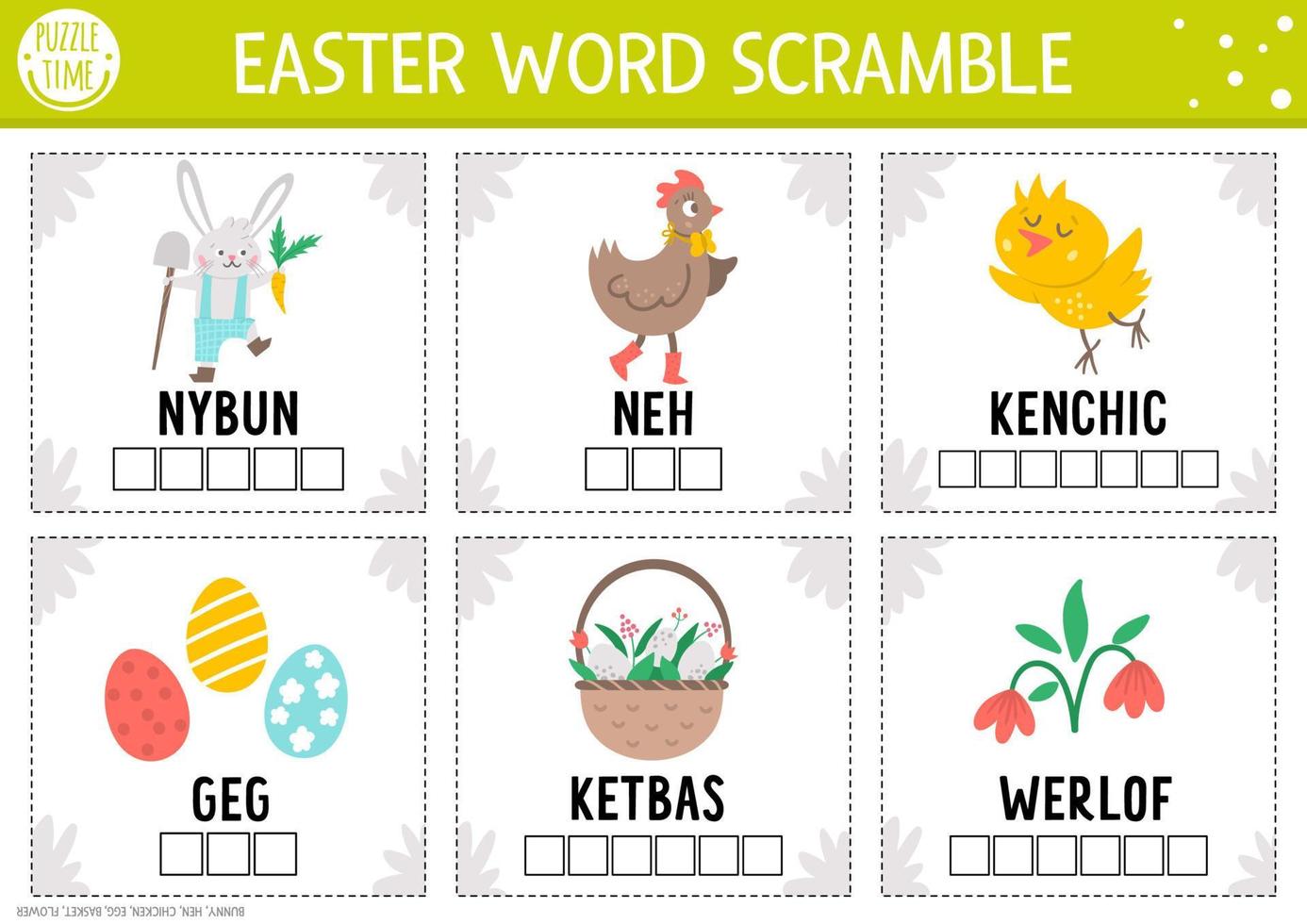 Vector Easter word scramble activity page. English language game with ...