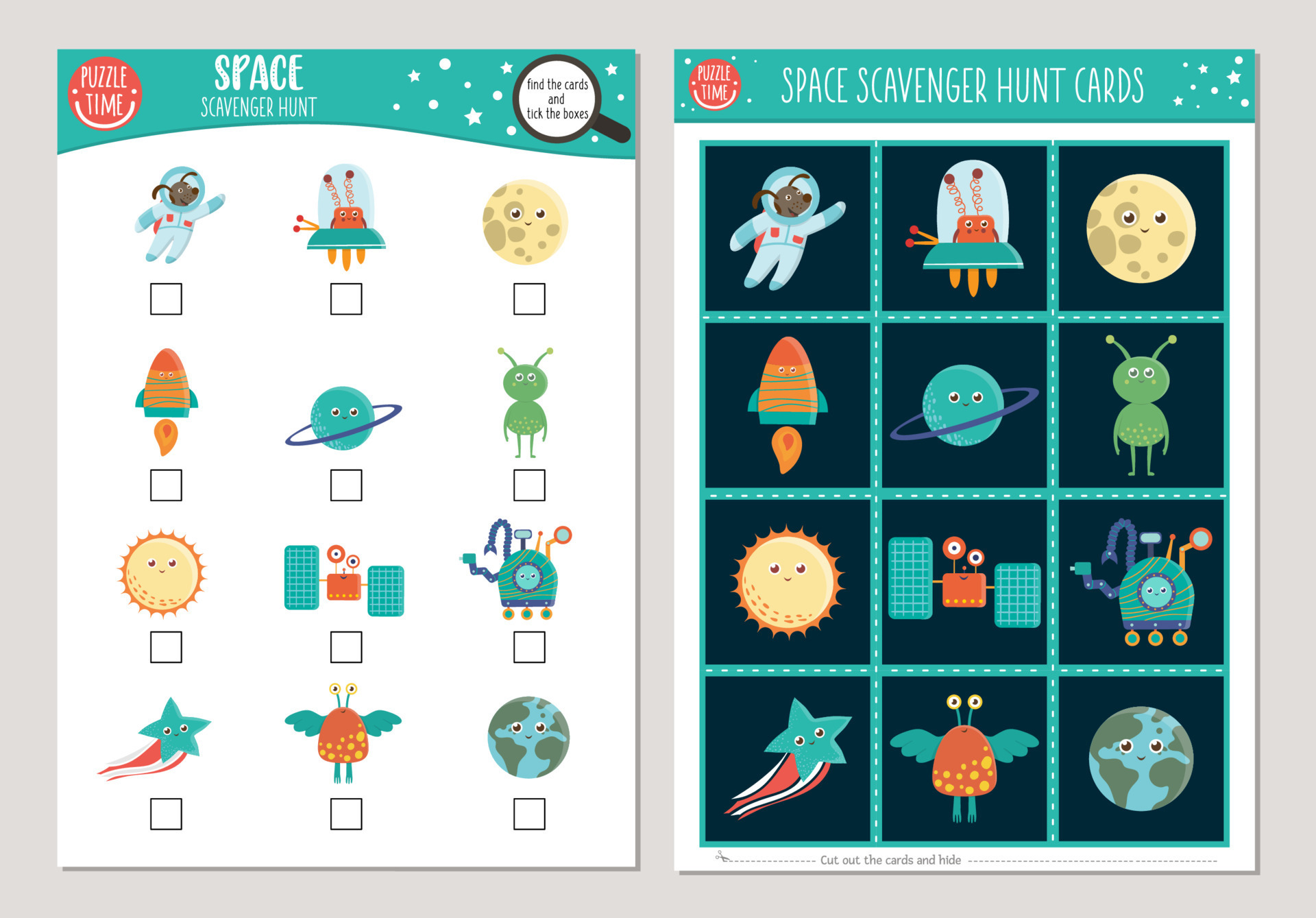 Vector Space scavenger hunt cards set. Seek and find game with cute ...
