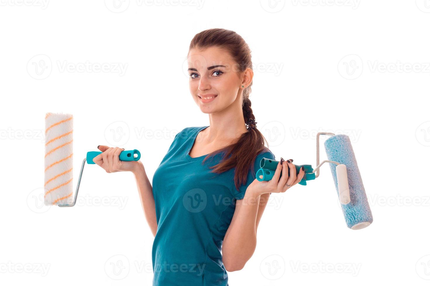 sweet brunette woman builder makes renovation isolated on white ... sweet brunette woman builder makes renovation isolated on white ...