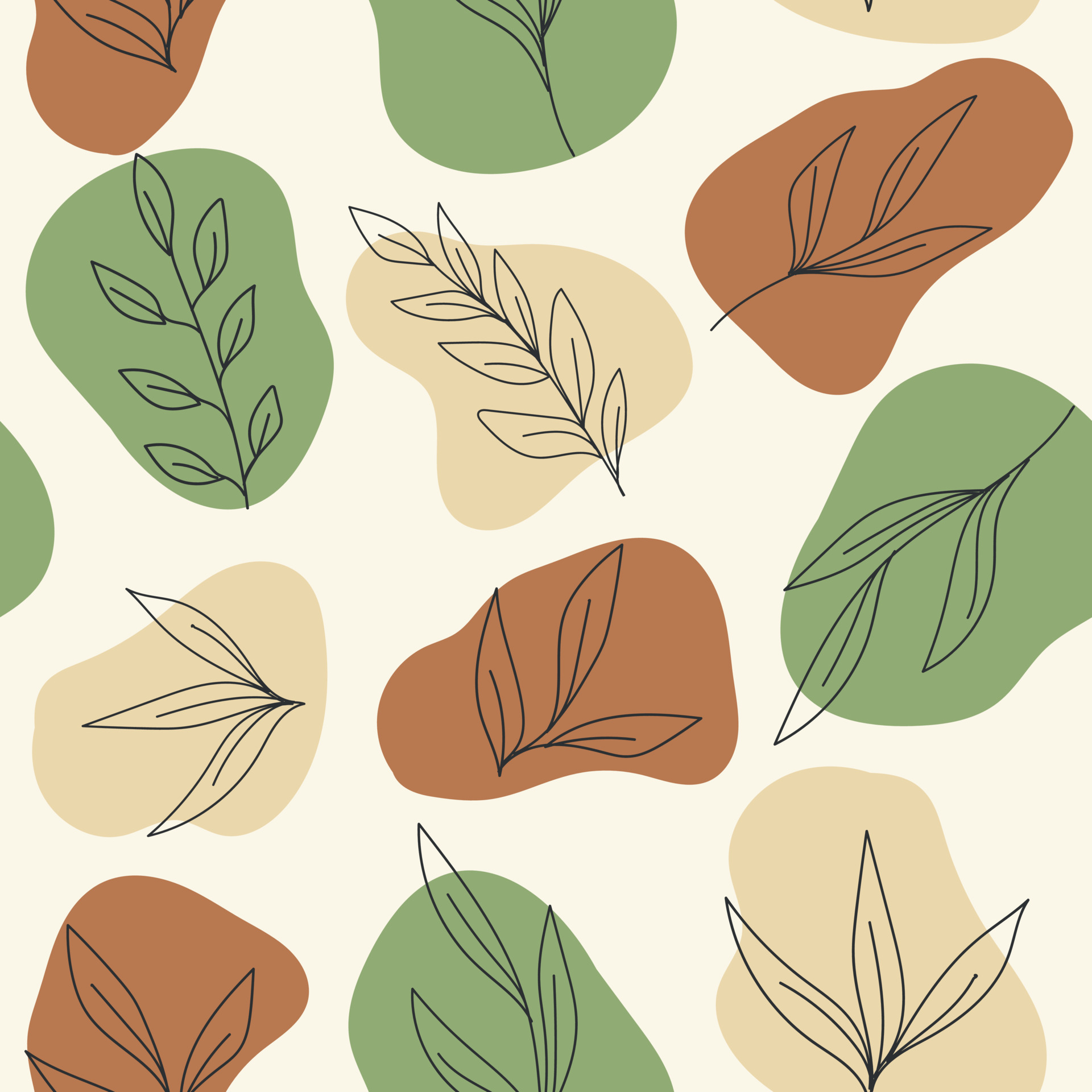 Boho Style Seamless Pattern With Botanical Elements In Abstract Beige Brown And Green Shapes