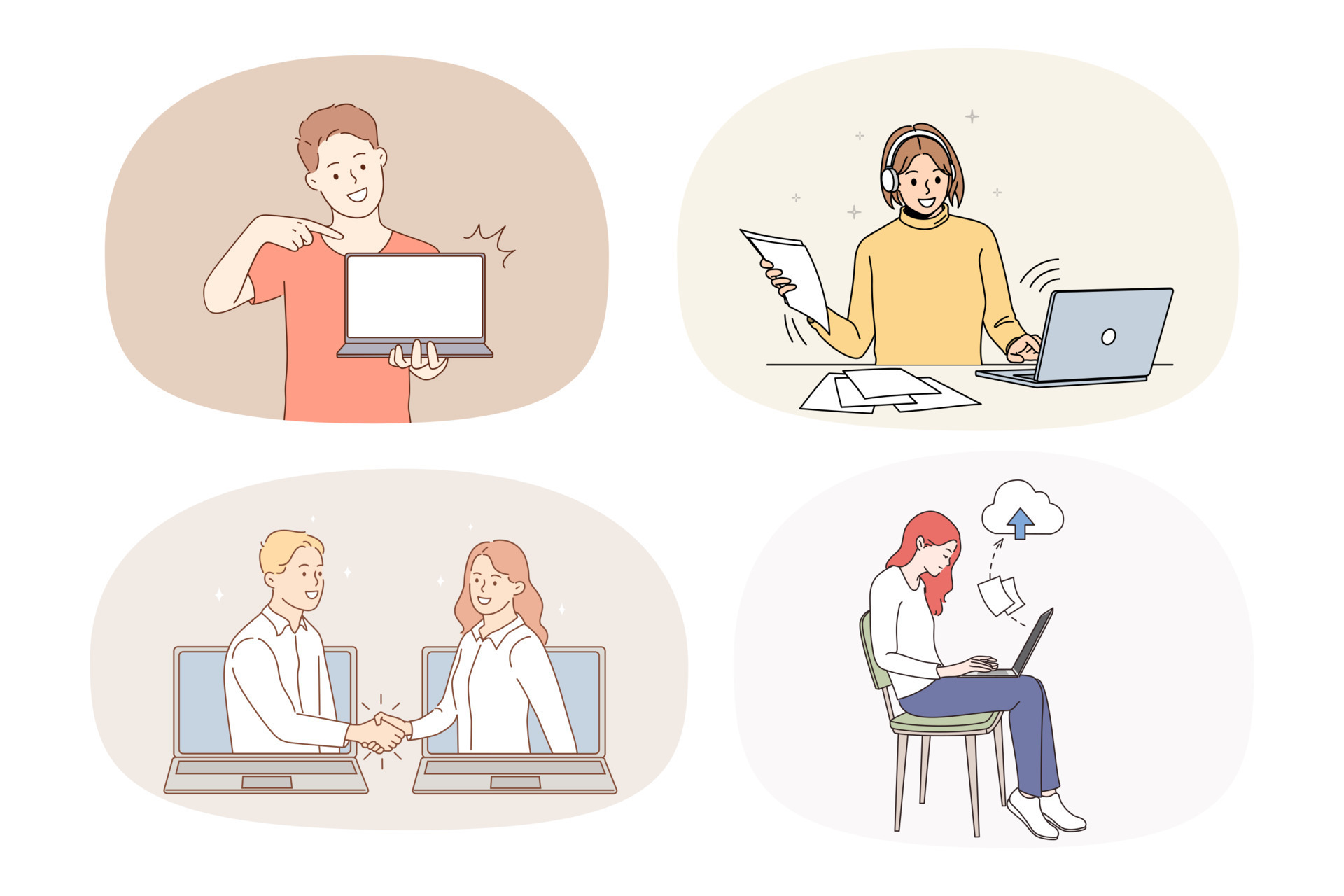 Set of diverse people working online on computer communicate with ...