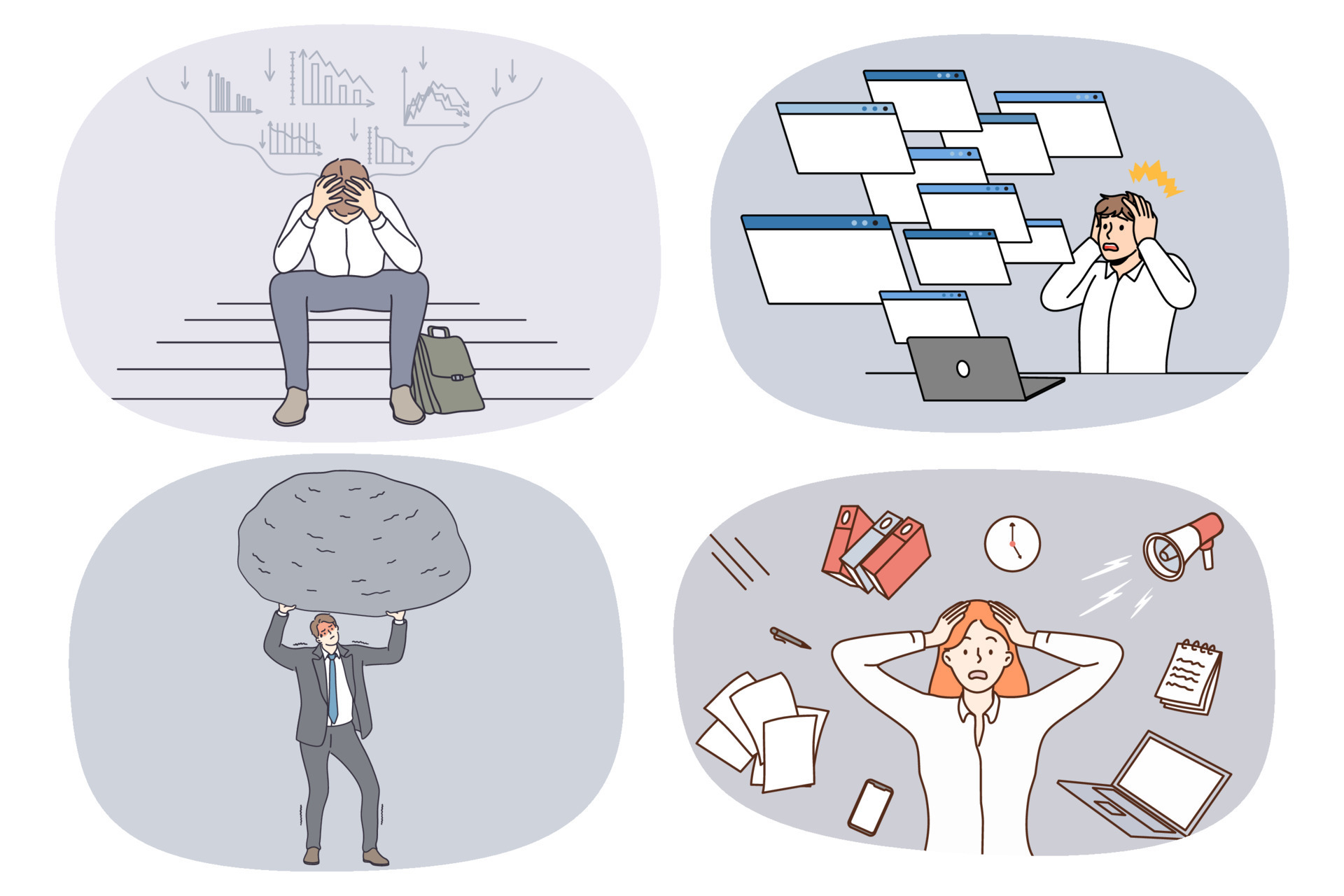 Collection Of Exhausted Businesspeople Overwhelmed With Work Stress