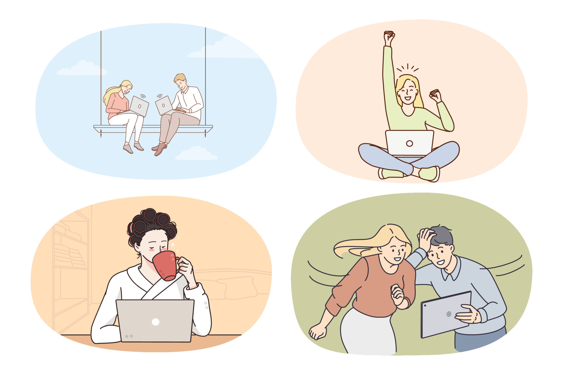 Set of diverse people use computers browse surf internet on gadget ...