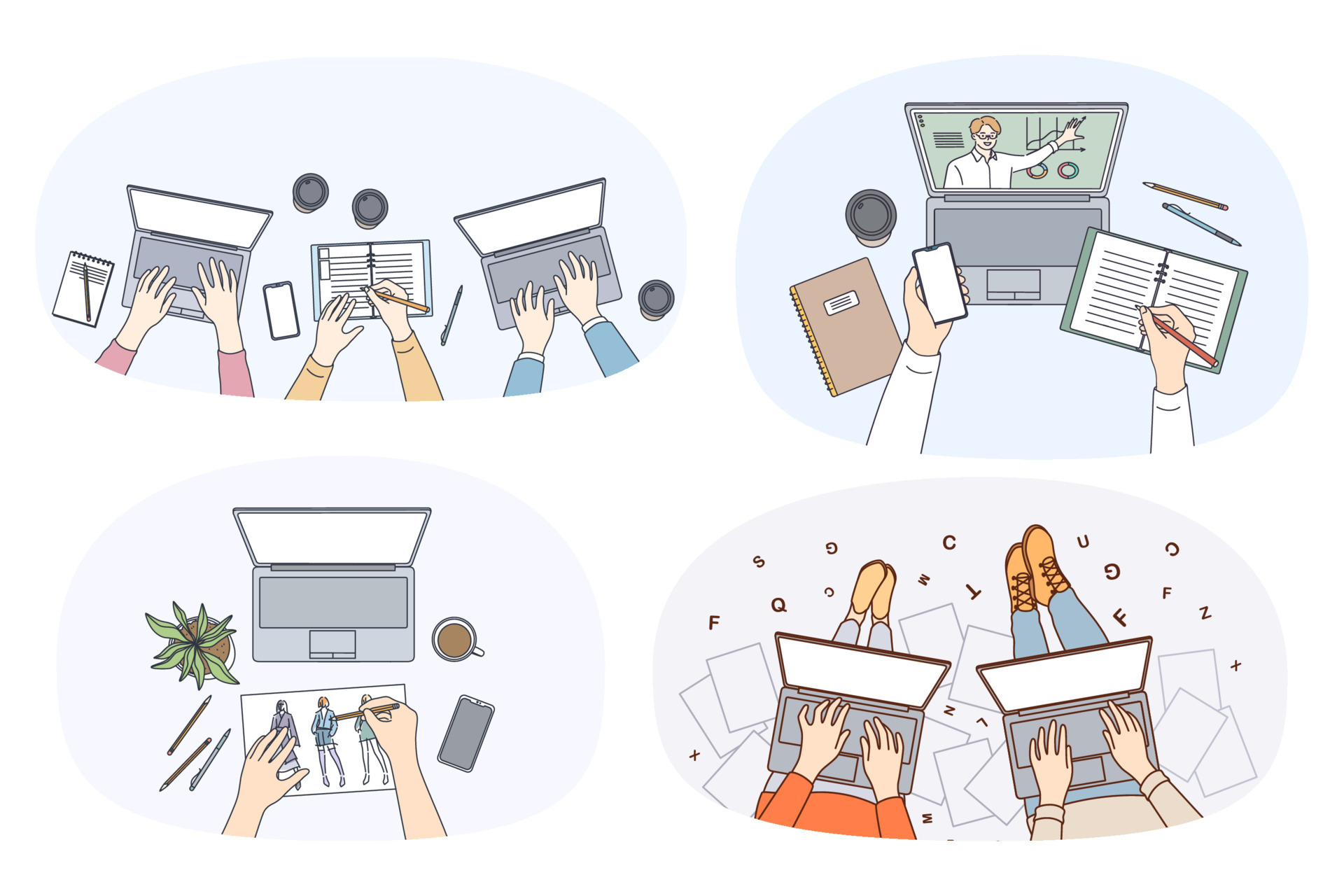 Collection of people use computer gadget study or work online from home ...