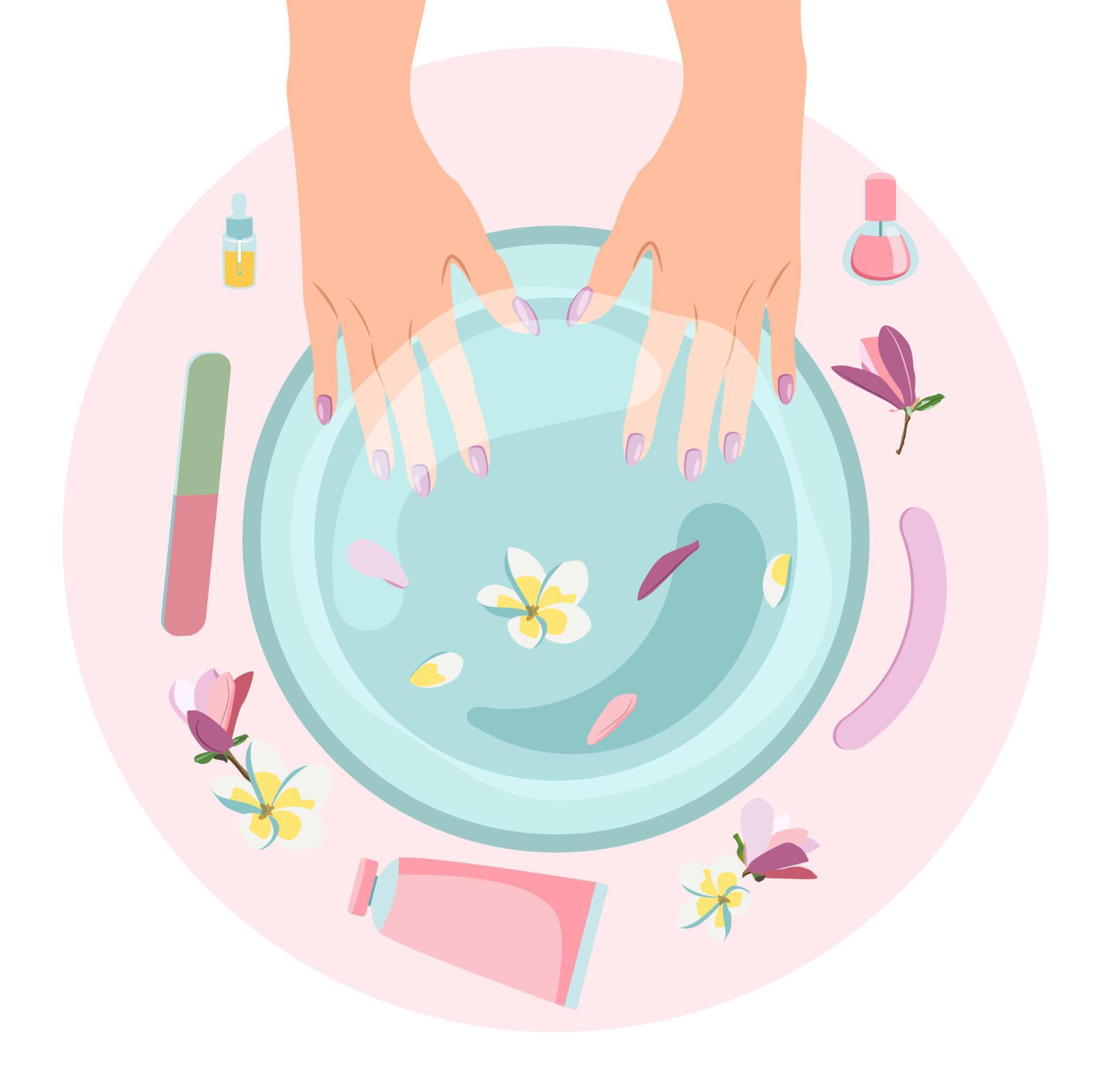 Vector Illustration Of Spa Manicure Procedure Female Hands Top View Flat Style With Manicure