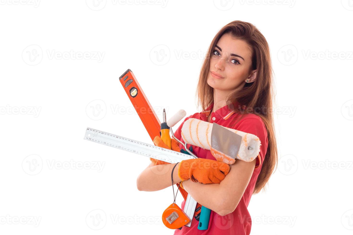 adorable brunette woman builder makes renovation with tools in her ... adorable brunette woman builder makes renovation with tools in her ...