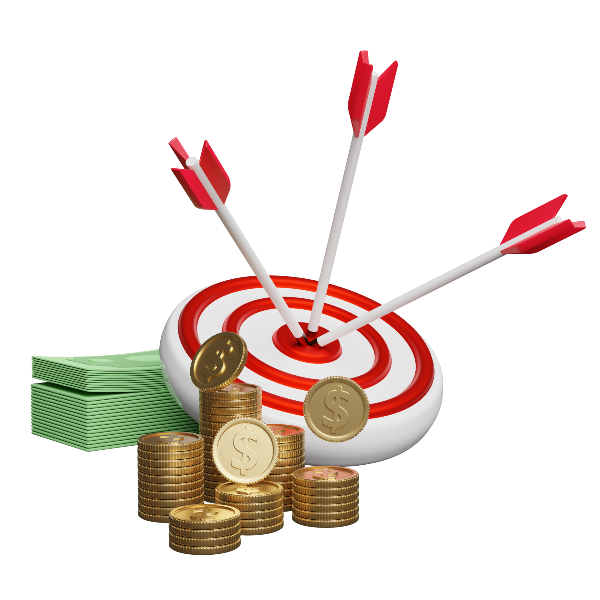 White Red Target With Darts Or Arrow Pile Dollar Banknote Money Coins