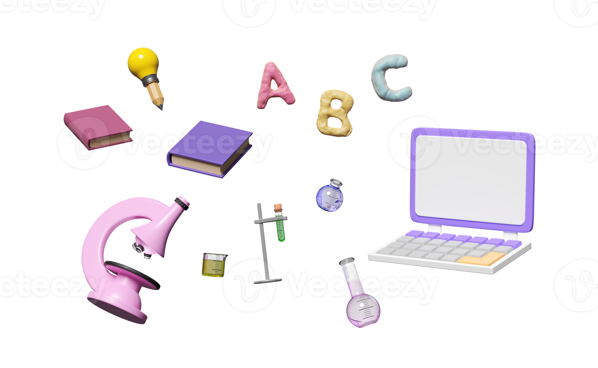 3d Laptop Computer Monitor With Microscope Beaker Test Tube Character Abc Clay Toy Icon Float