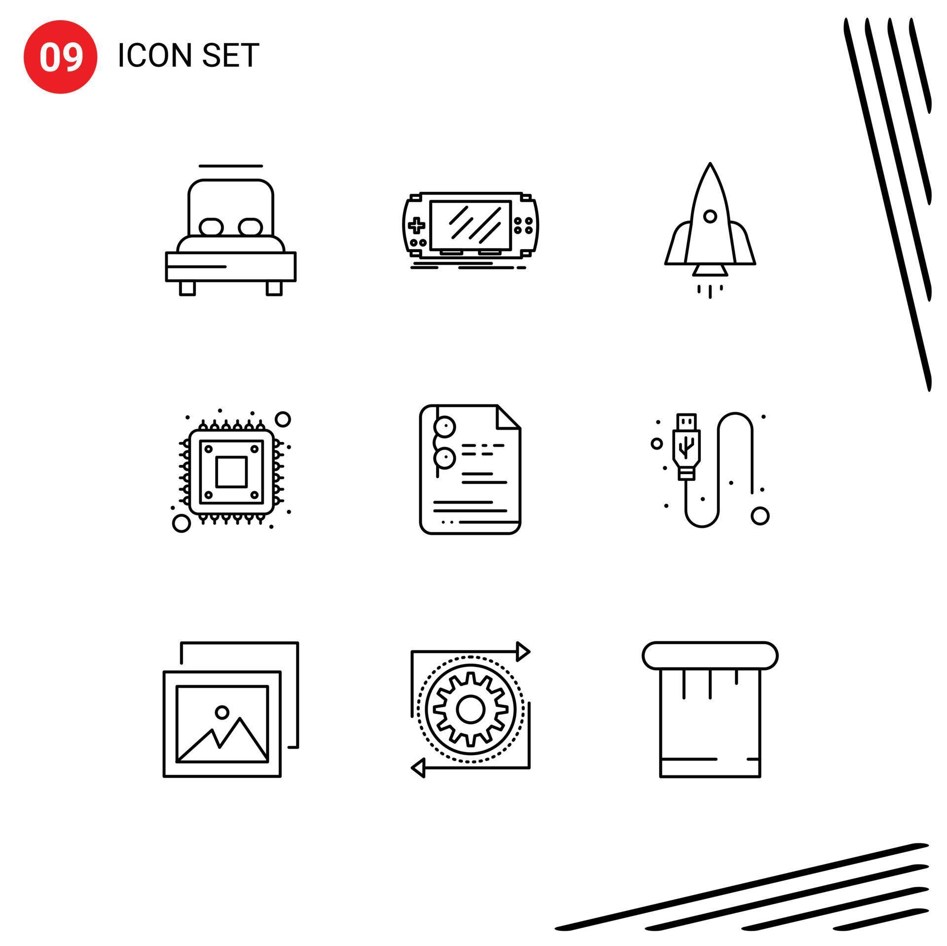 Set Of 9 Vector Outlines On Grid For Storage Cpu Psp Computer Startup Editable Vector Design