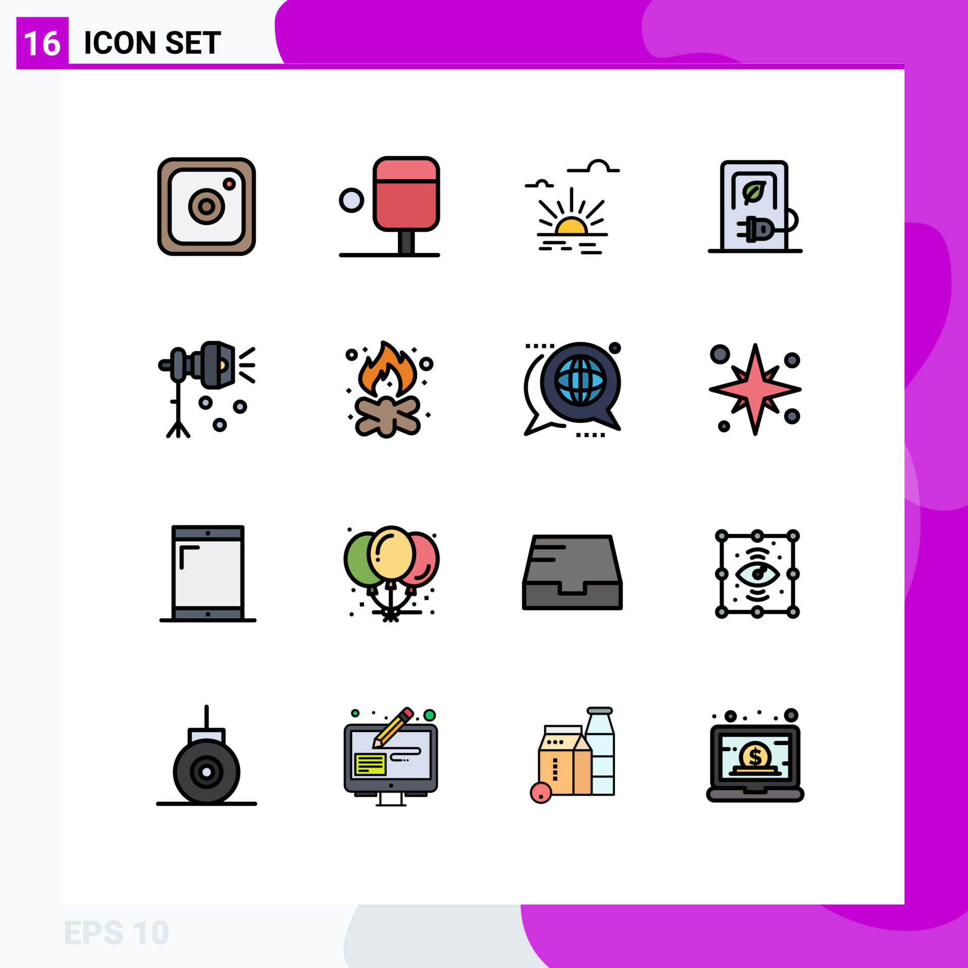 16 Universal Flat Color Filled Lines Set For Web And Mobile Applications Spotlight Light Spring