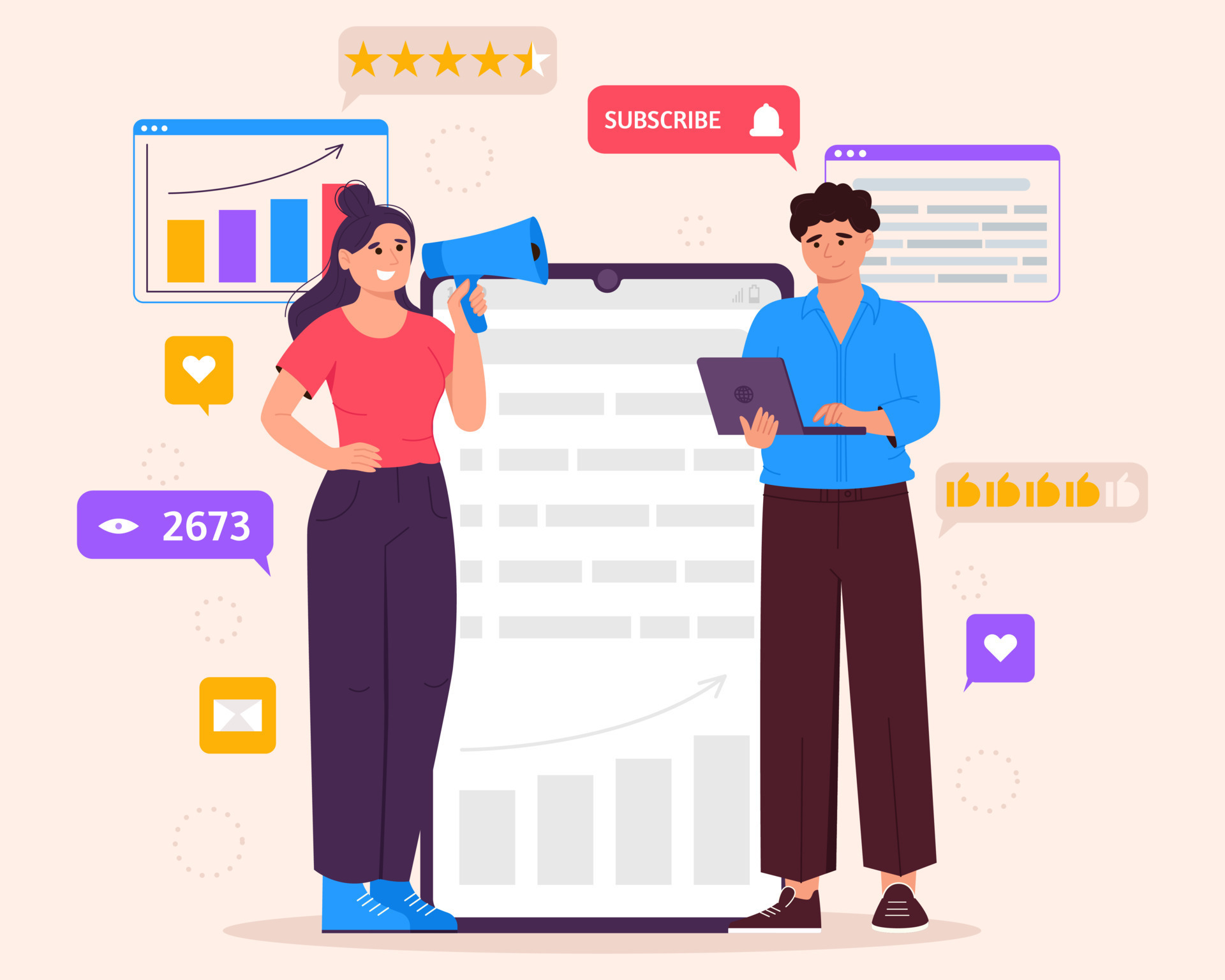 Social media marketing concept with woman with megaphone, man with laptop and icons of SMM ...