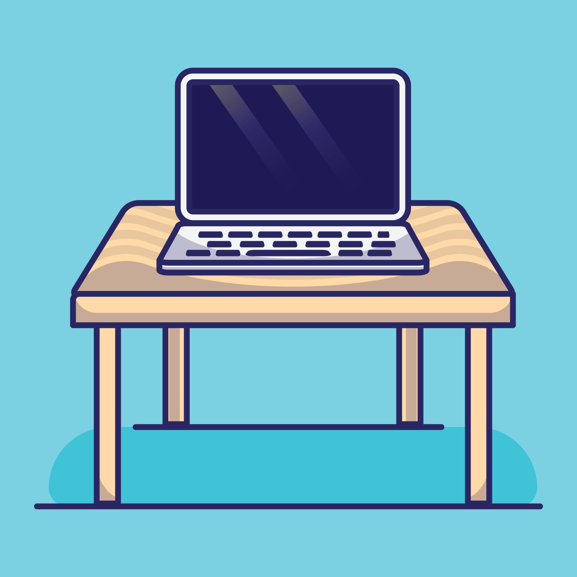 Simple cartoon illustration of a laptop on the table. Business concept ...