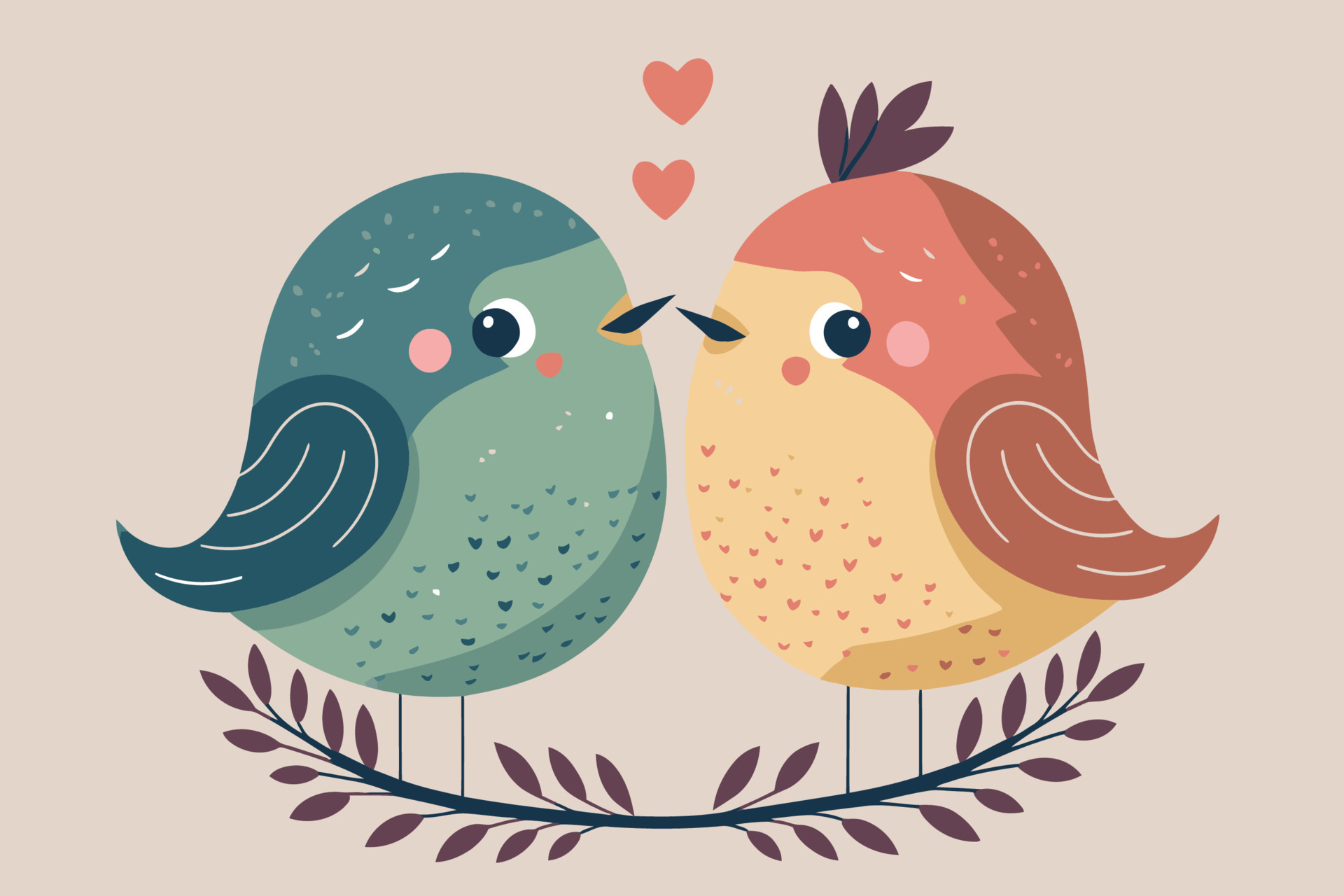 couple Love Birds perched on a branch of a Tree valentine day theme ...