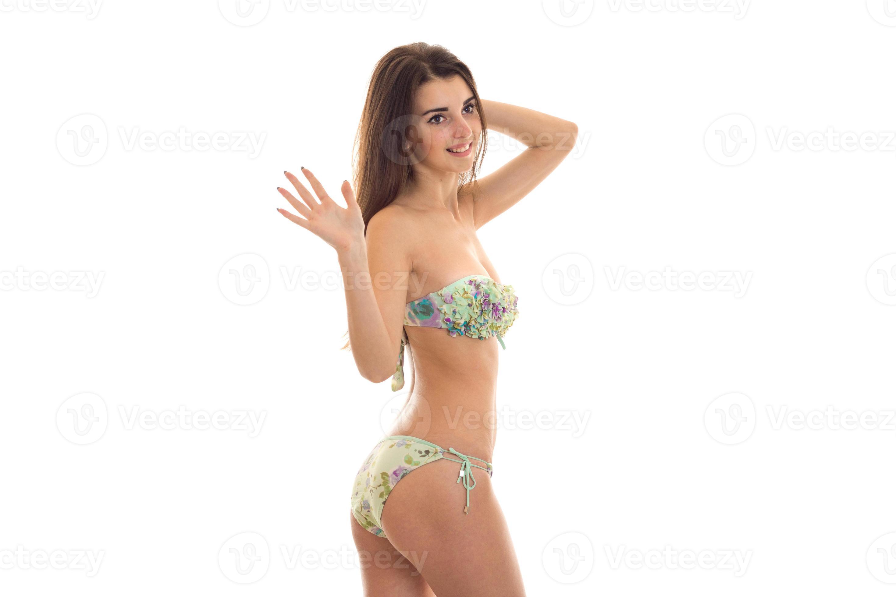 beautiful young girl standing in a swimsuit turning sideways and smiling 16487739 Stock Photo at ...