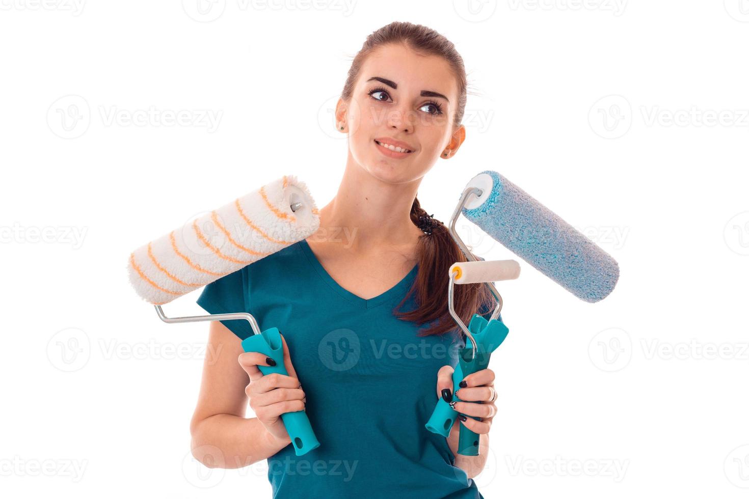 pretty brunette lady builder makes renovation isolated on white ... pretty brunette lady builder makes renovation isolated on white ...