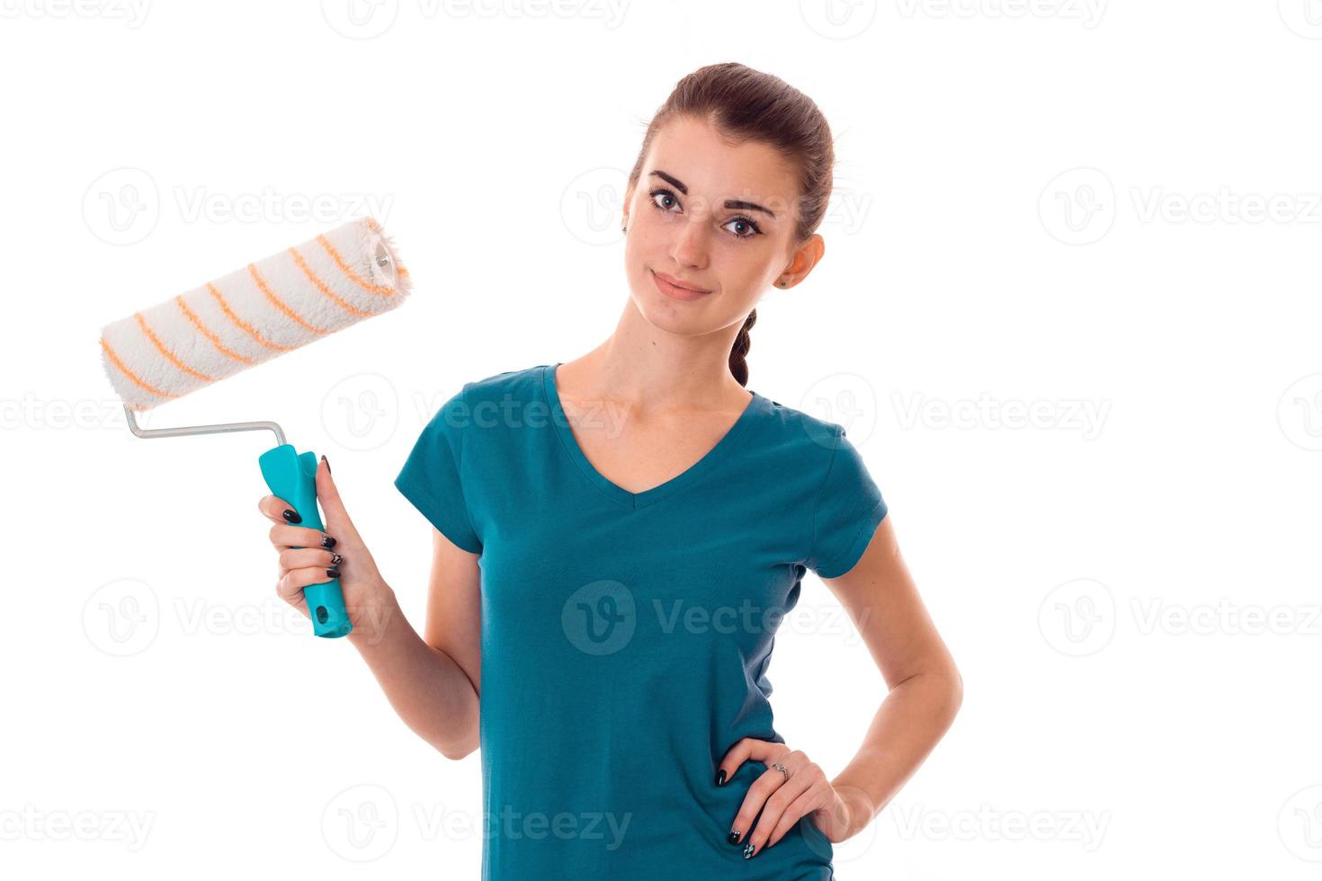 pretty brunette woman builder makes renovation isolated on white ... pretty brunette woman builder makes renovation isolated on white ...