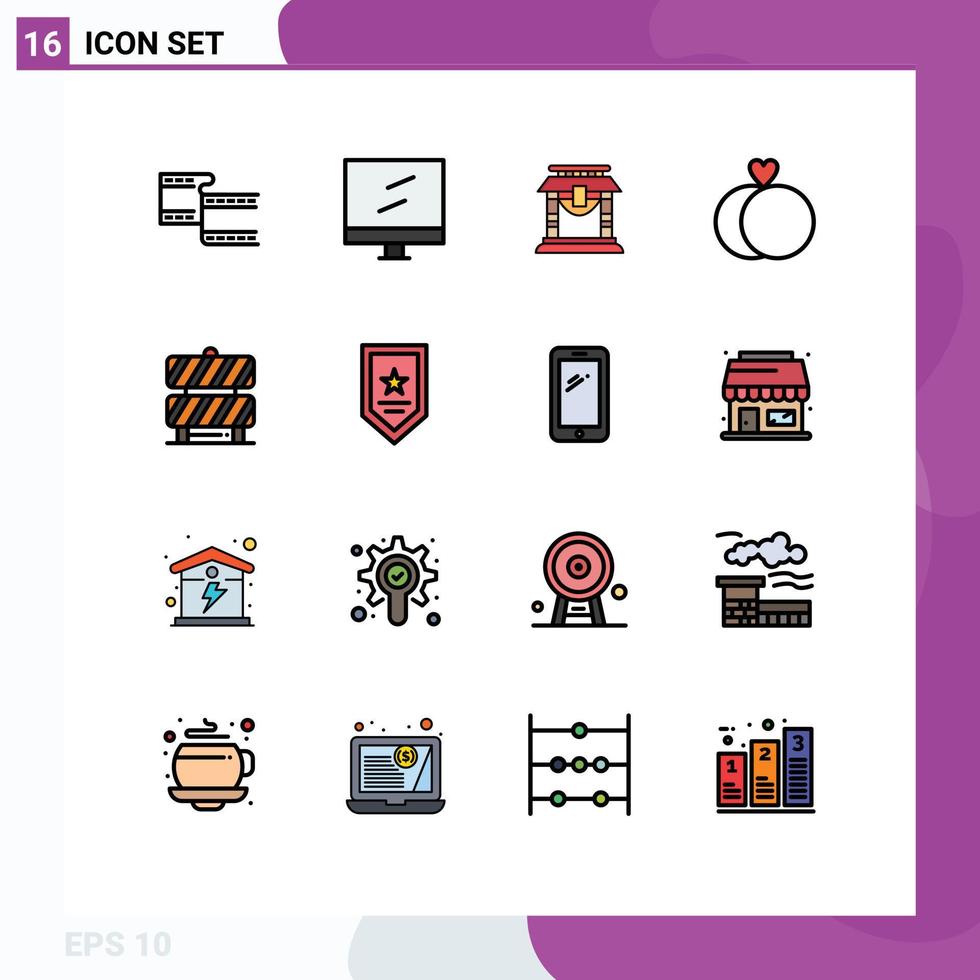 Mobile Interface Flat Color Filled Line Set Of 16 Pictograms Of Award Fence China Caution