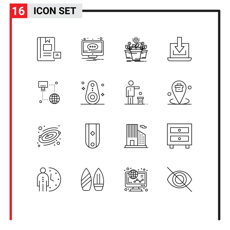 Set of 16 Vector Outlines on Grid for down laptop notification tree plant Editable Vector Design ...