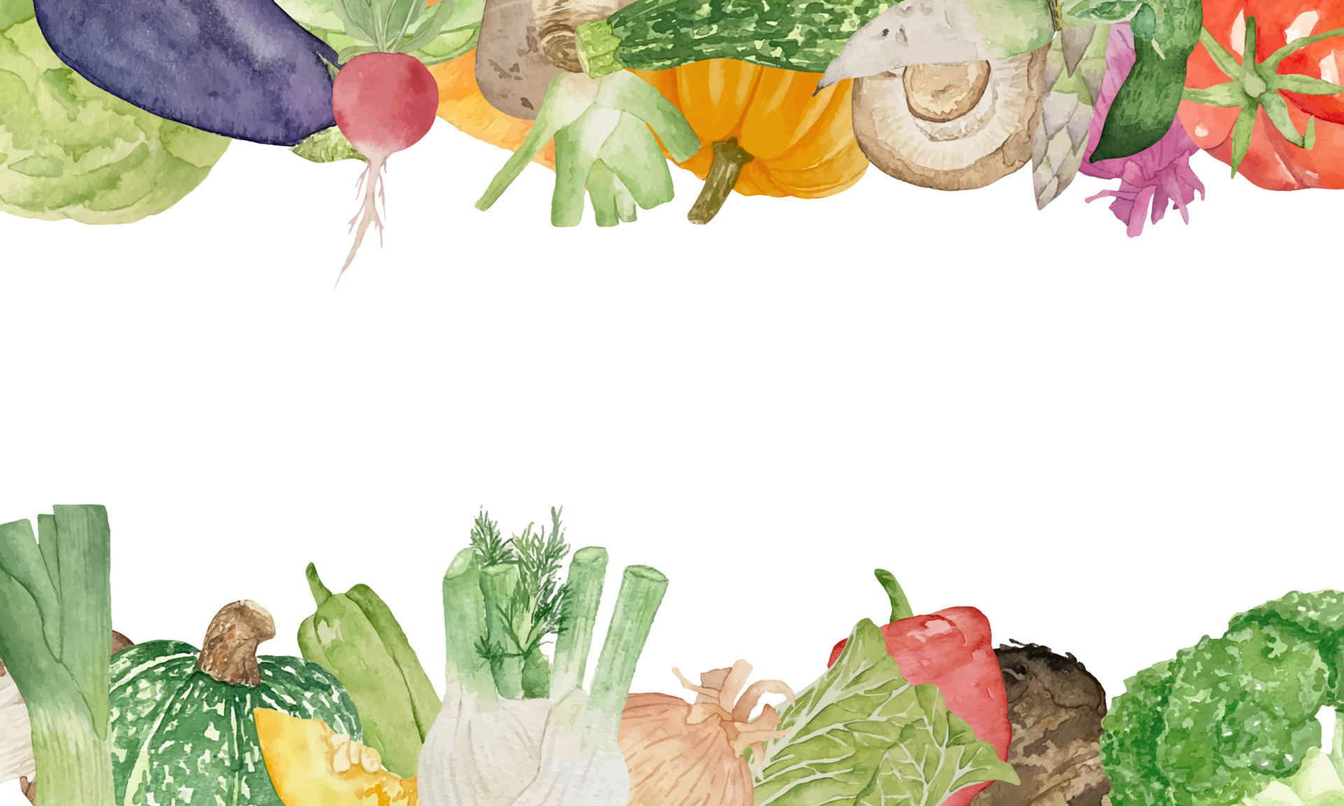 Watercolor border with various vegetables on white background flat ...