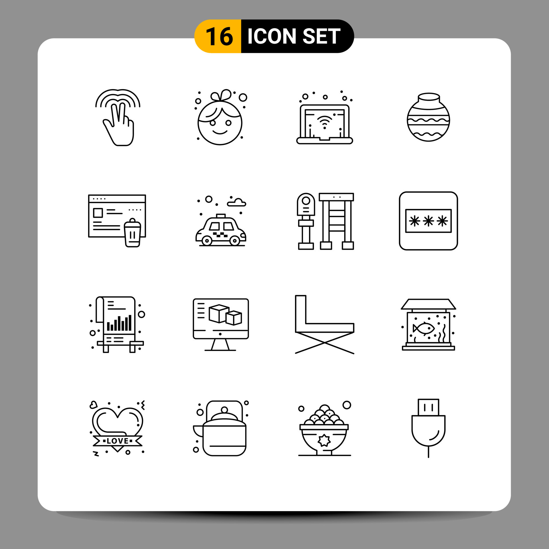 Mobile Interface Outline Set Of 16 Pictograms Of Been Gdpr Network Festival Water Editable