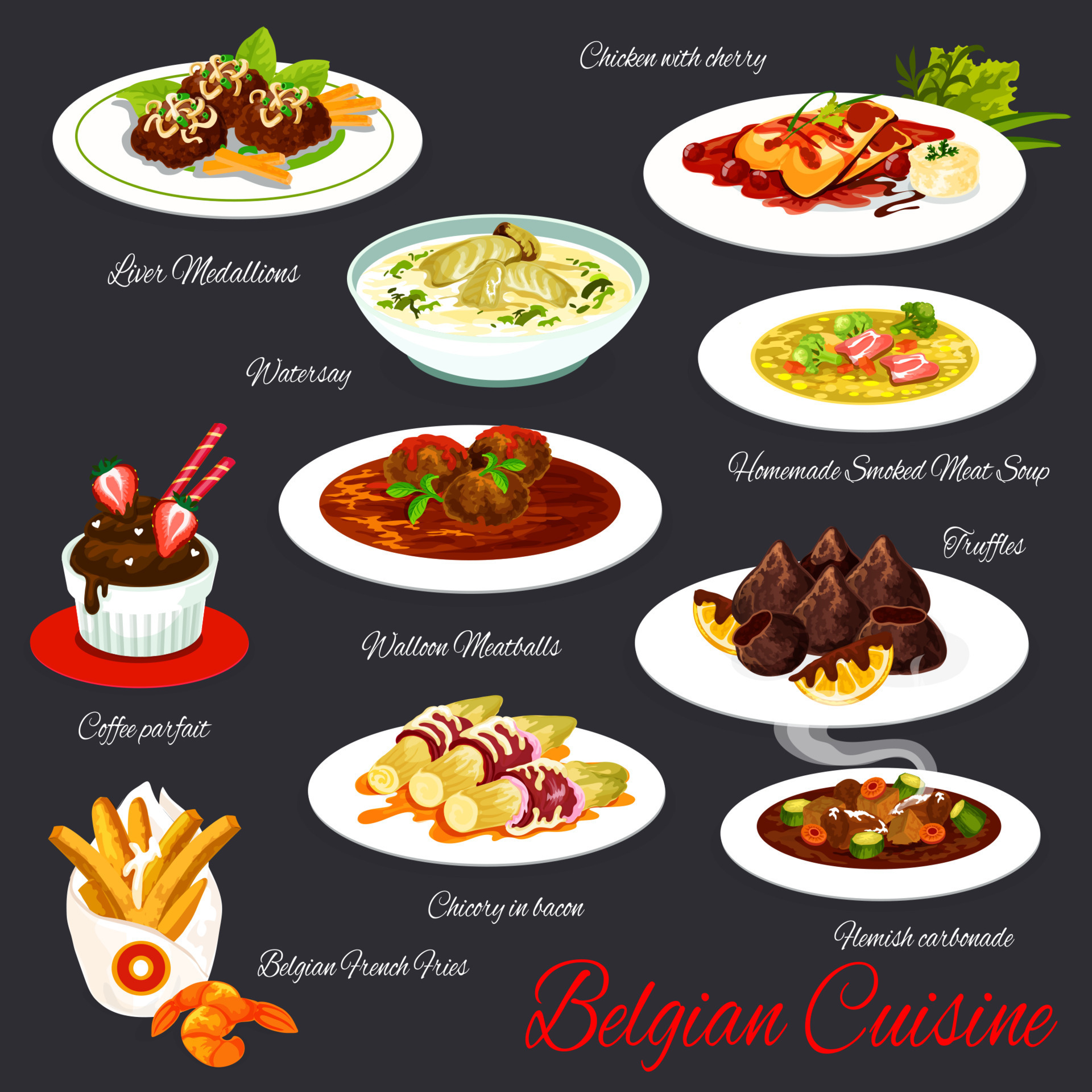 Belgian cuisine meat and dessert vector dishes 16539471 Vector Art at ...