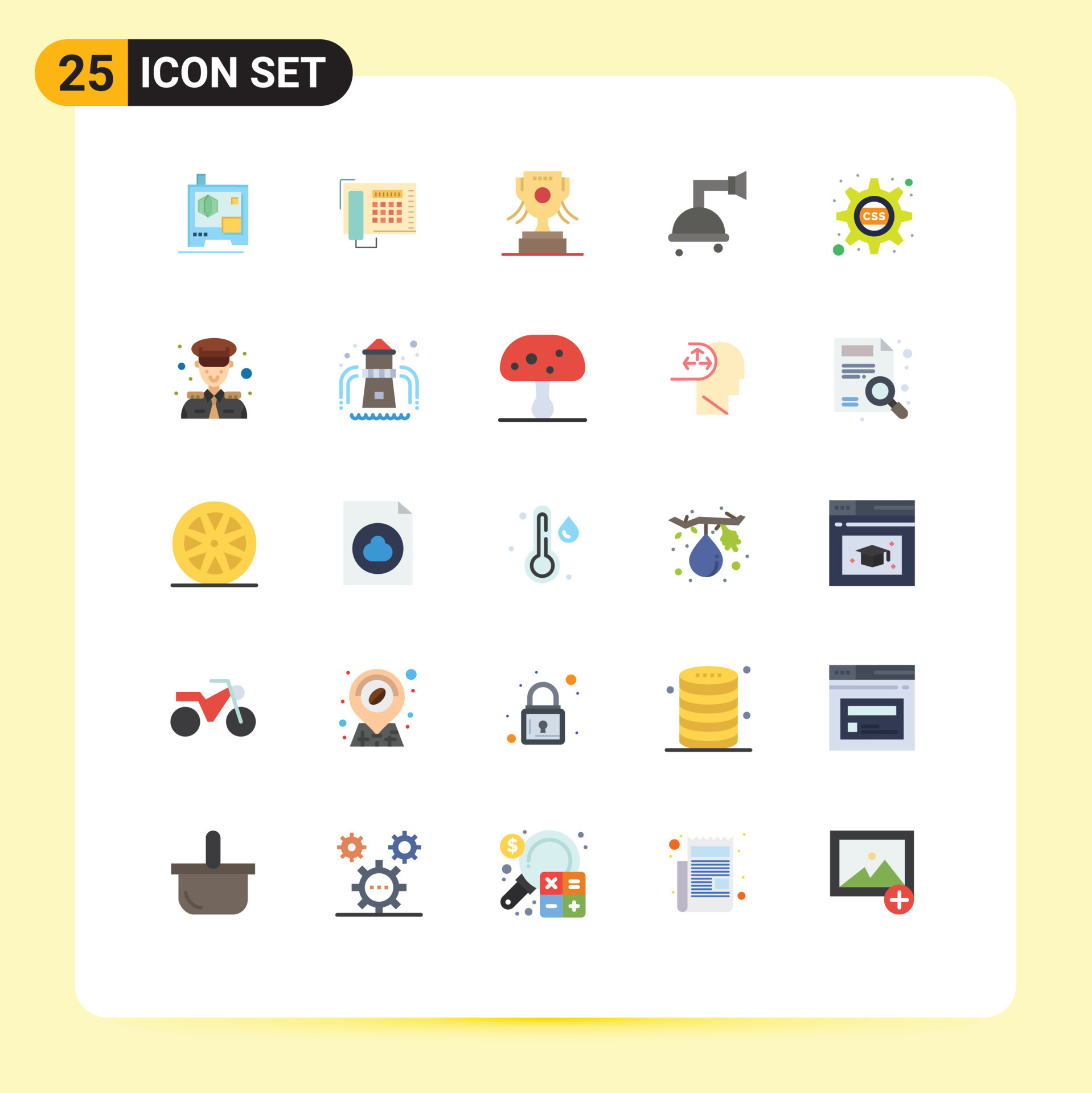 Mobile Interface Flat Color Set Of 25 Pictograms Of Captain Css Cup Cog Shower Editable Vector