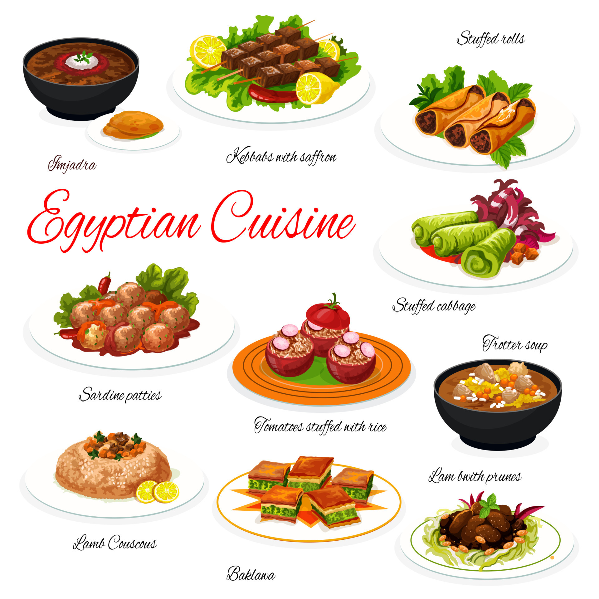 Egyptian meat dishes with vegetables, nut dessert 16544921 Vector Art ...