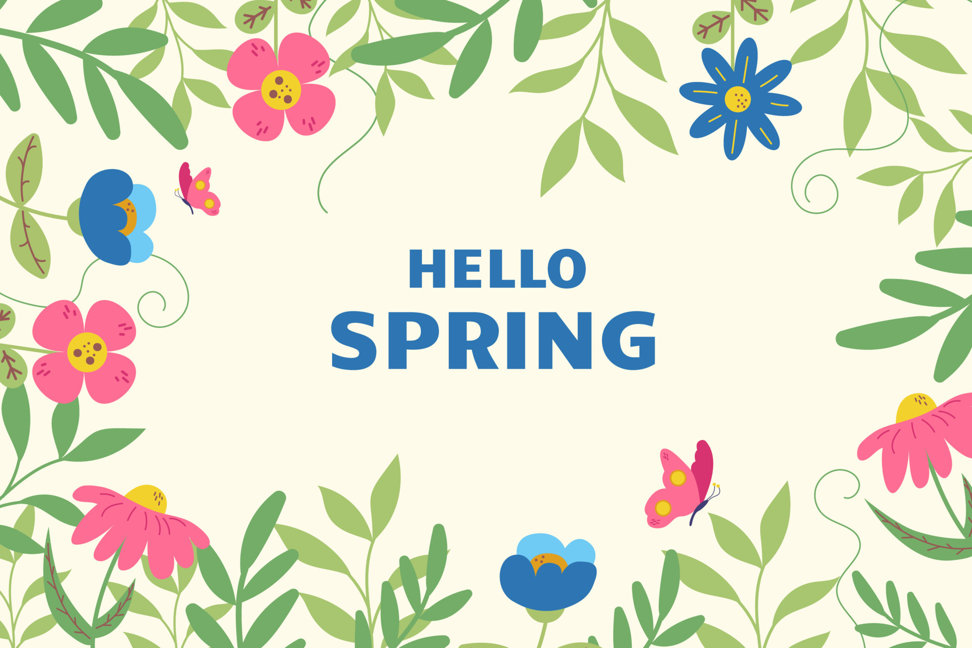Beautiful flat spring background design with flowers and butterfly ...