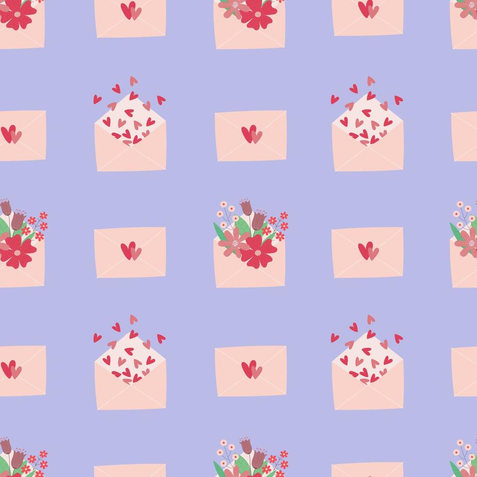Seamless Pattern Of Envelopes With Hearts And Flowers On Blue Background Hand Drawn Doodle