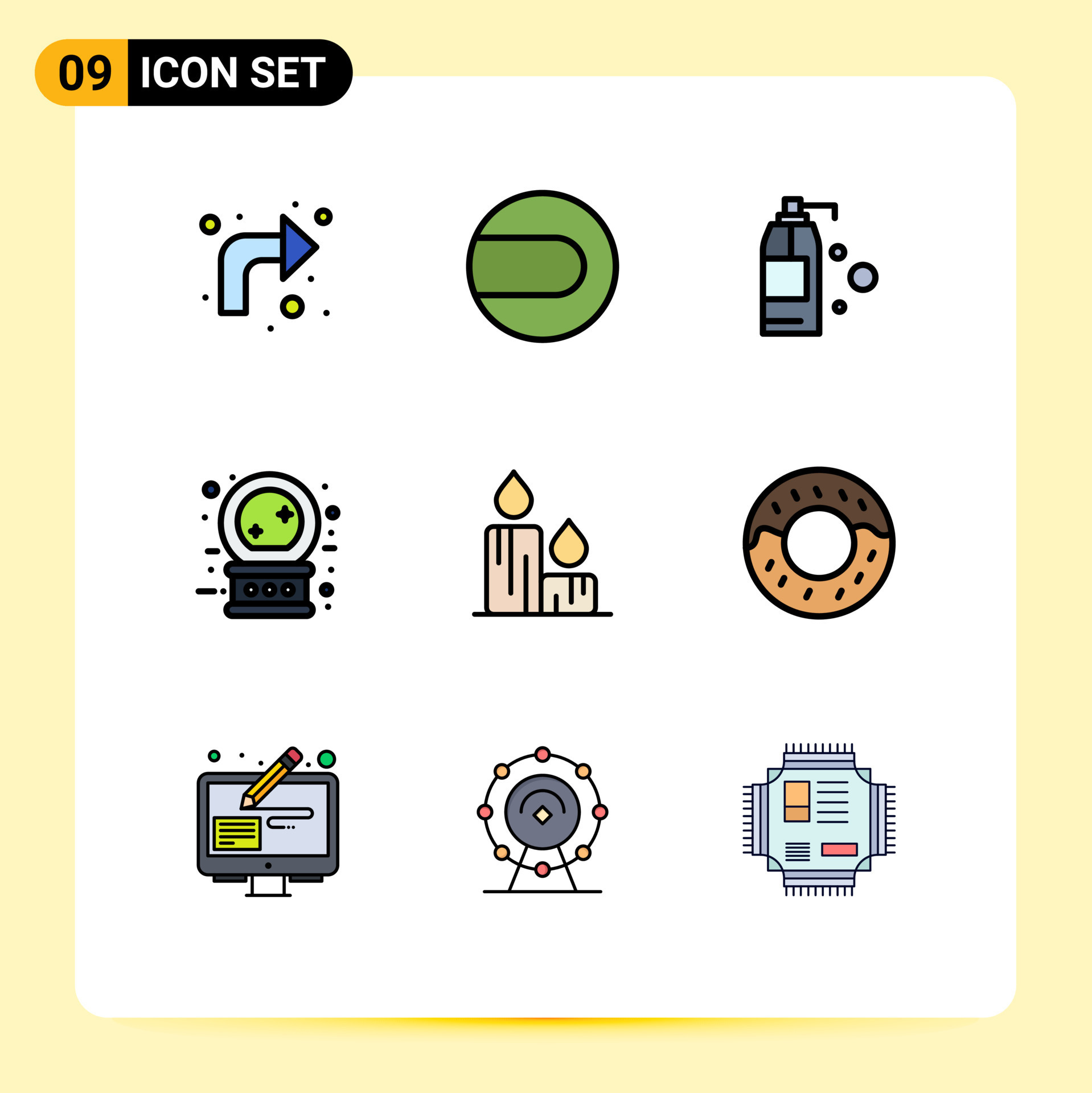 User Interface Pack Of 9 Basic Filledline Flat Colors Of Nature Fire Detergent Candle Halloween