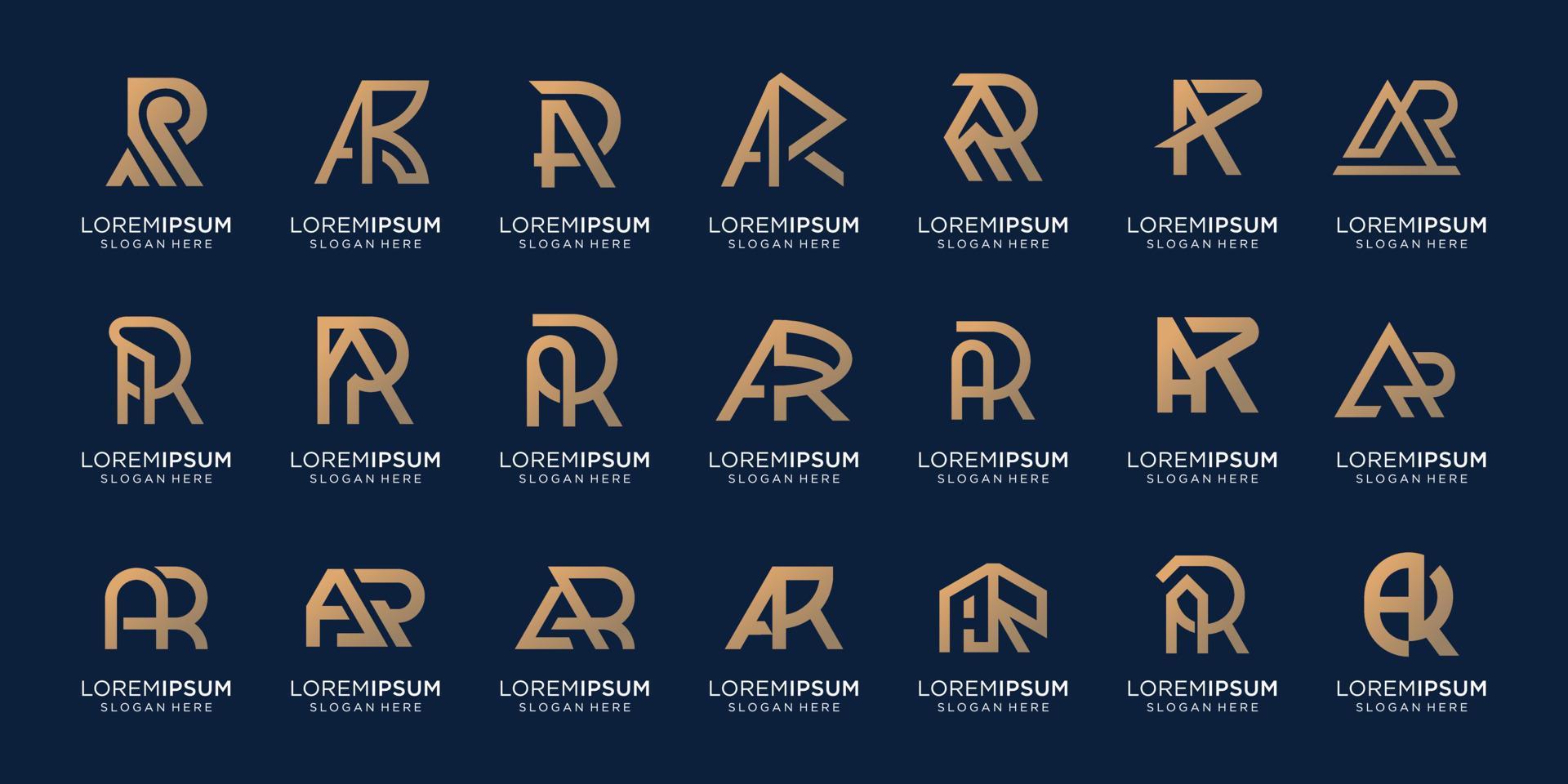 set of letter A and letter R logo design. mega collection monogram A and R gold color ...