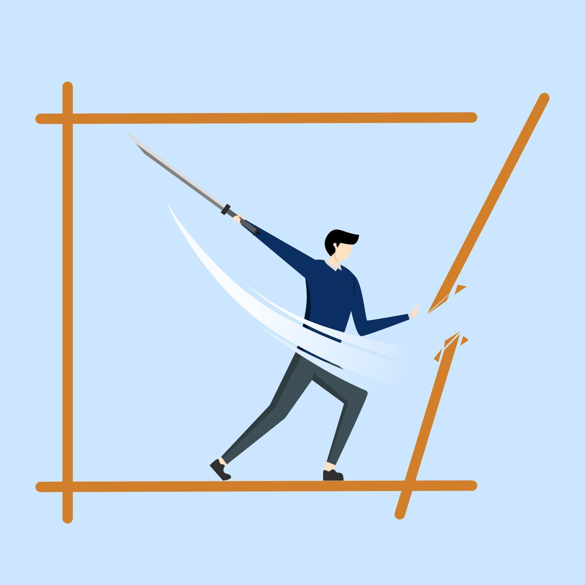 businessman with sword cutting boundary box to get out of boundary zone ... businessman with sword cutting boundary box to get out of boundary zone ...