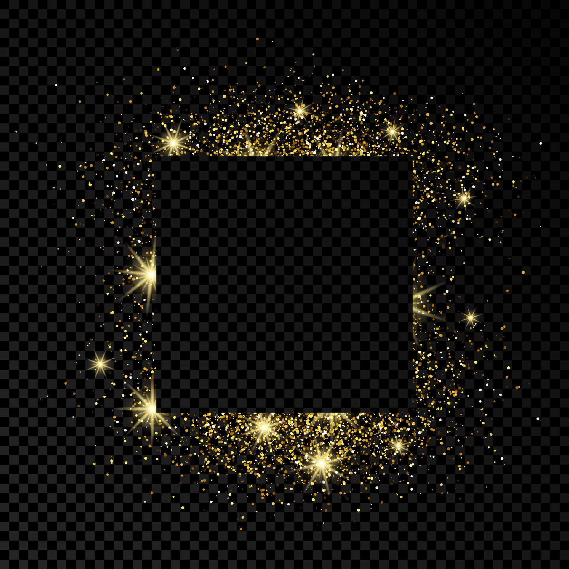 Square frame with golden glitter on dark transparent background. Empty ...