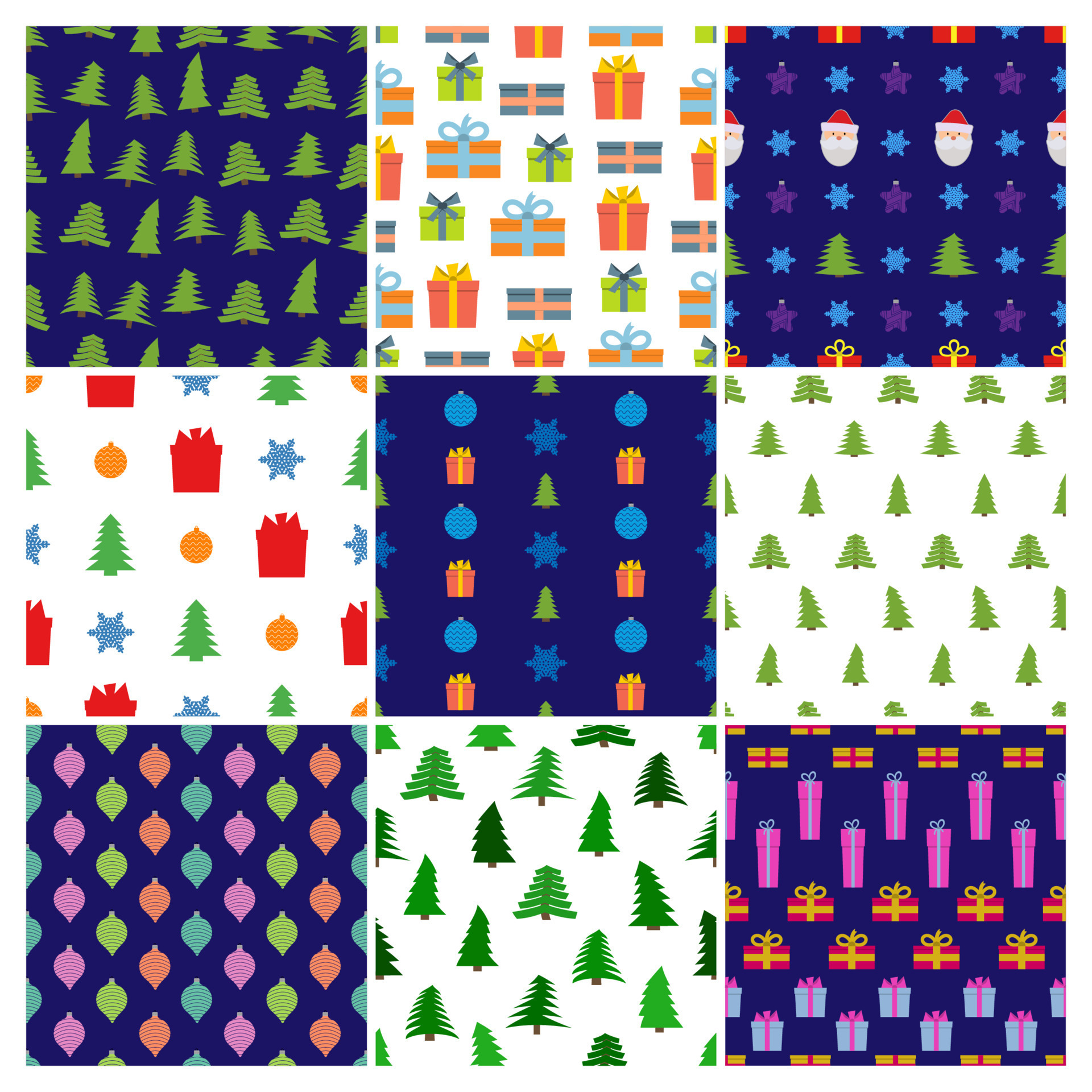 Set of nine Christmas Seamless Patterns with icons in flat style ...
