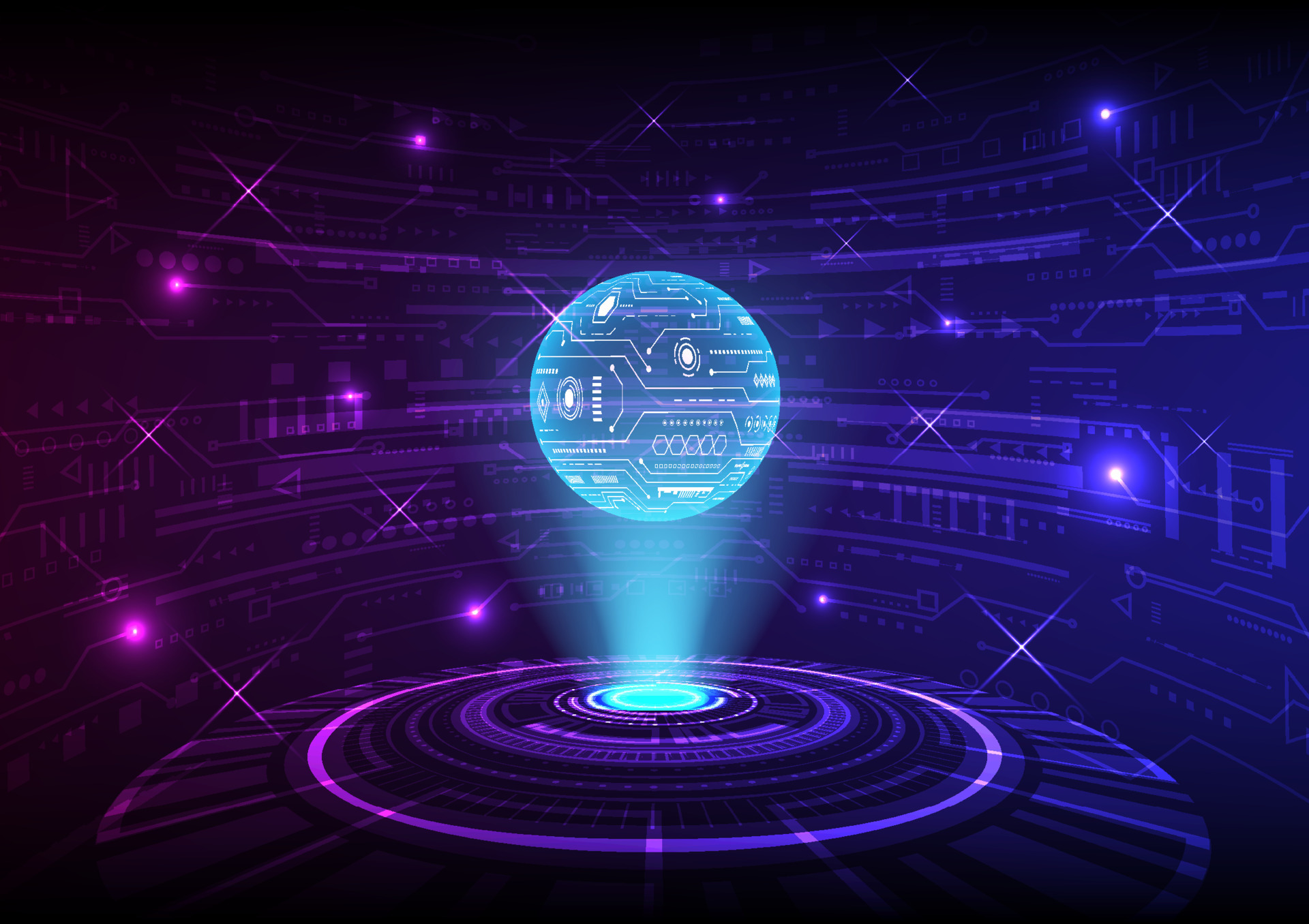 círculo con patrón de circuito en la superficie que flota en la máquina de hologramas, la parte ...