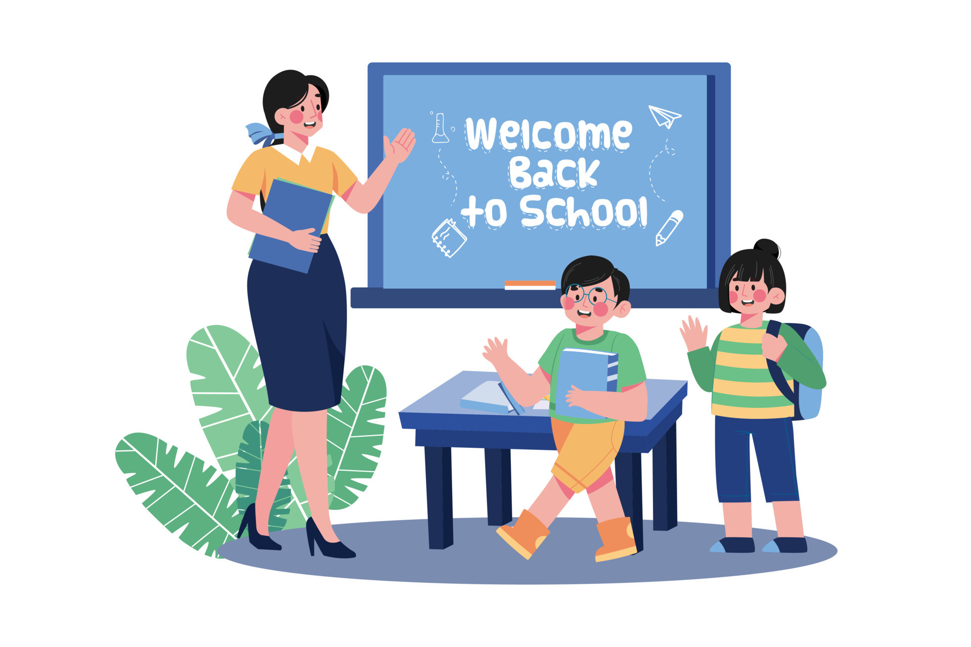 Teacher Welcomes Students Into The Class 16609815 Vector Art at Vecteezy