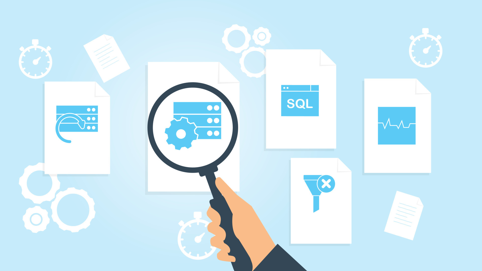 Database Server Semis File Document Research Vector Illustration Document With Search Icons